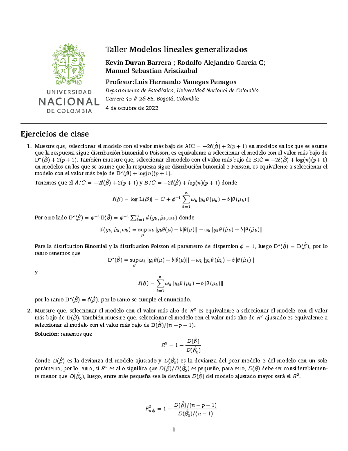 GLM2 - Taller - Taller Modelos lineales generalizados Kevin Duvan ...