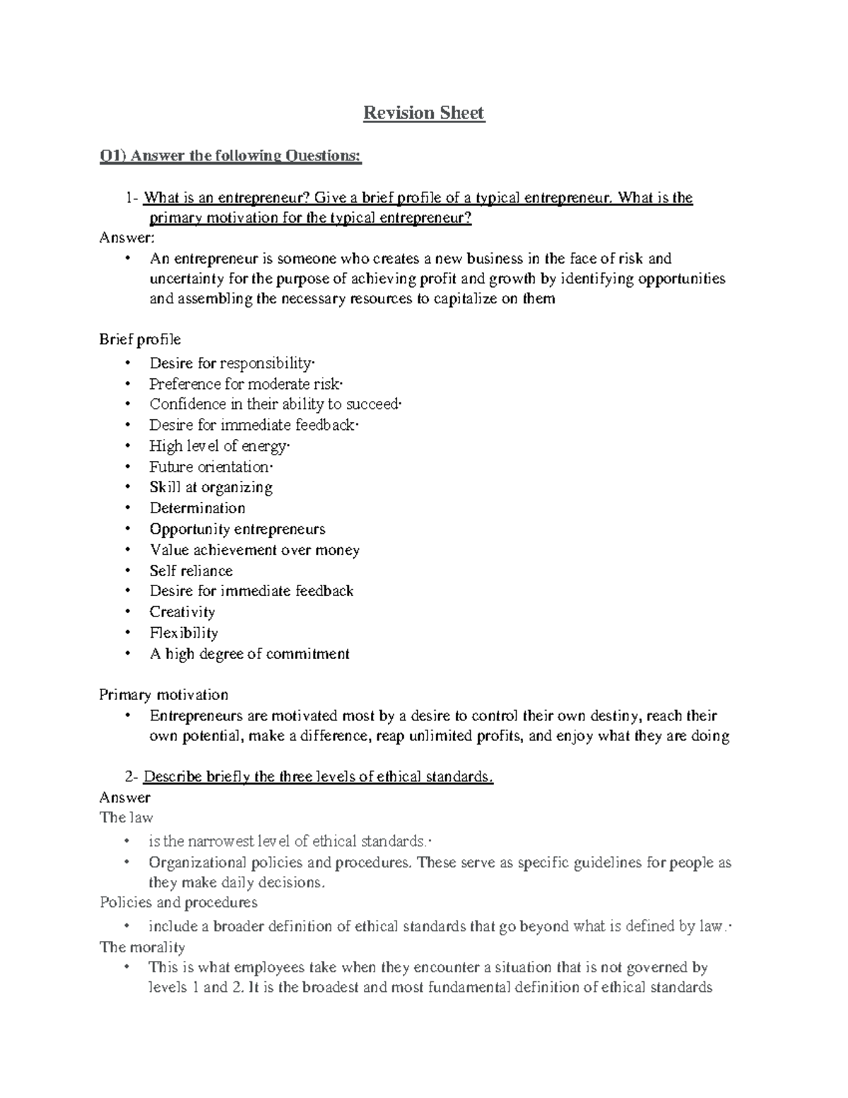 Revision Sheet 1 - Reviews - Revision Sheet Q1) Answer the following ...