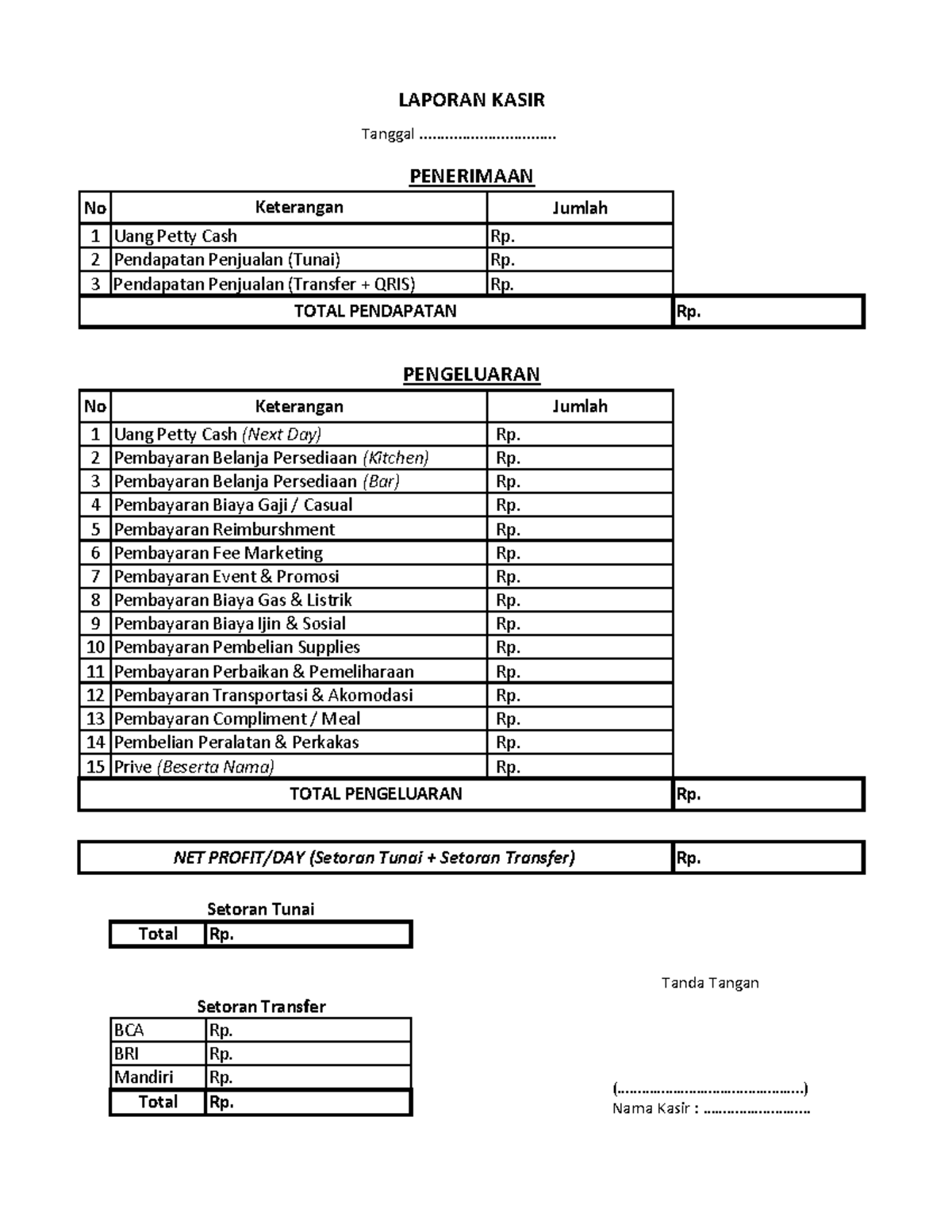 Laporan Kasir - No Jumlah 1 Uang Petty Cash Rp. 2 Pendapatan Penjualan ...