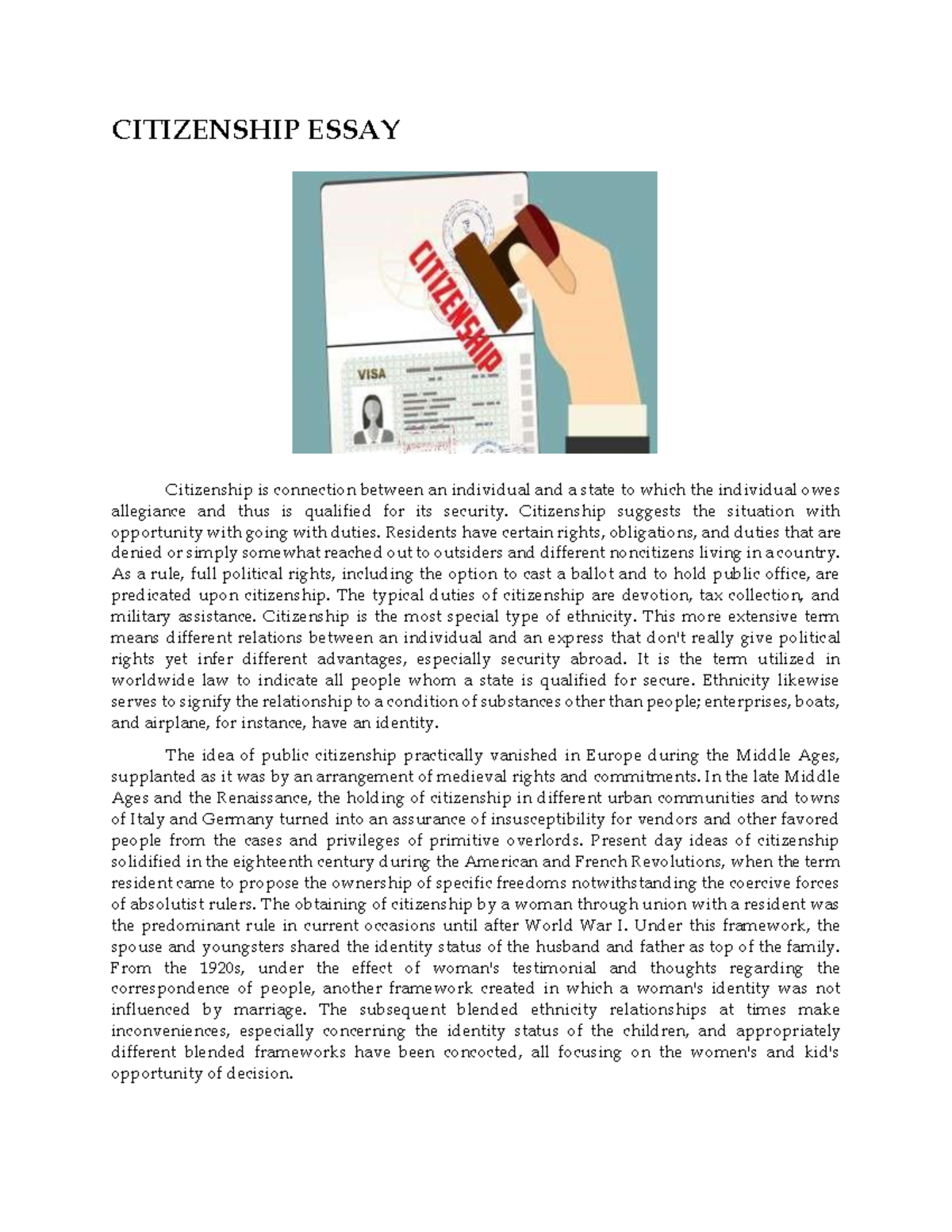 Citizenship Essay - CITIZENSHIP ESSAY Citizenship is connection between ...