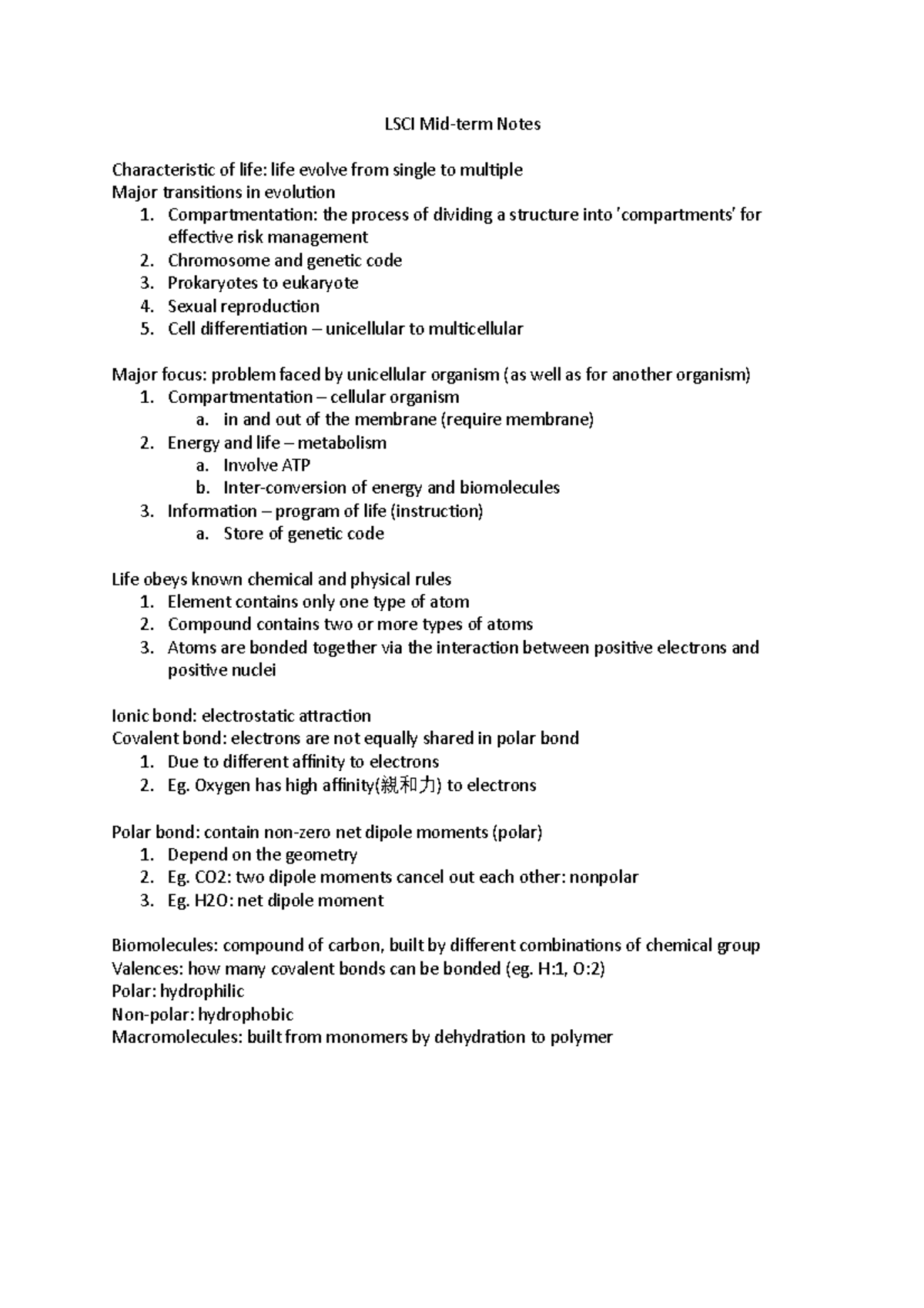 LSCI 1002 Mid-term notes - LSCI Mid-term Notes Characteristic of life ...