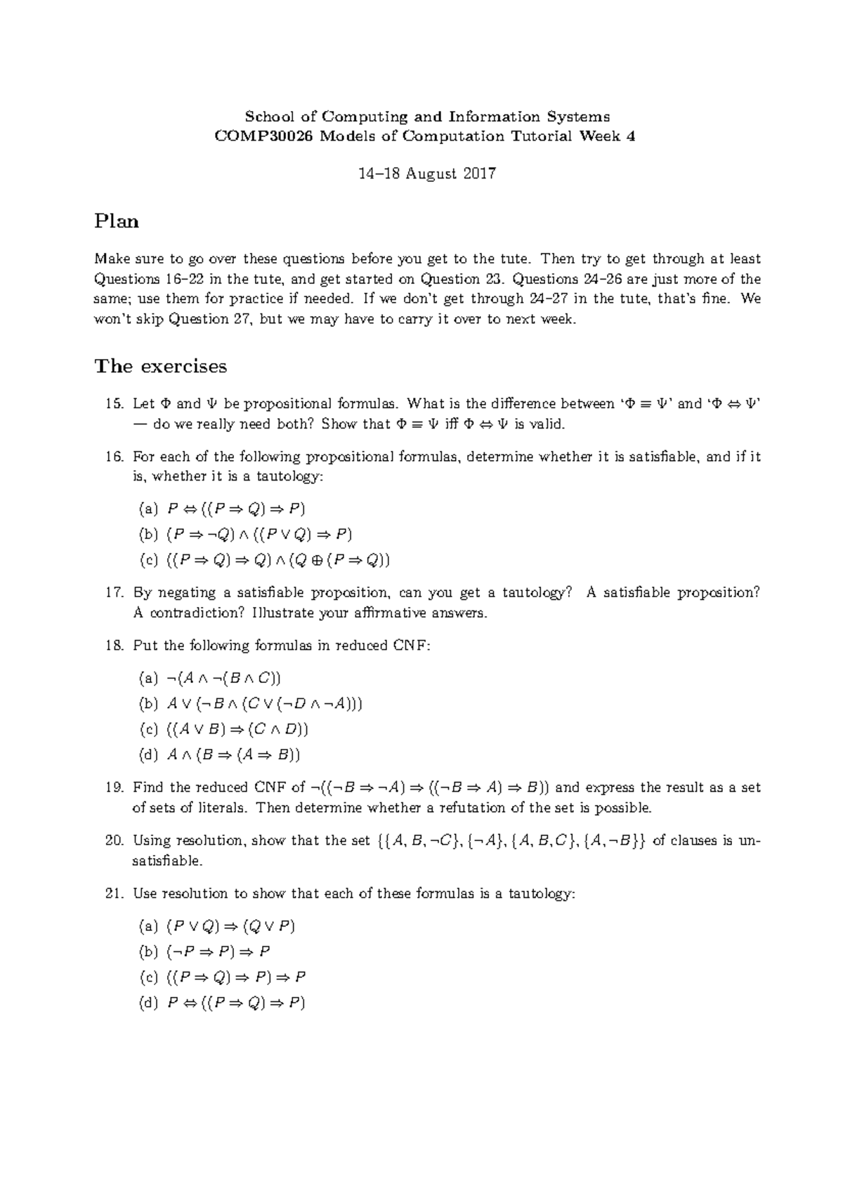 Tute04 - tut4 - School of Computing and Information Systems COMP30026 Models of Computation ...