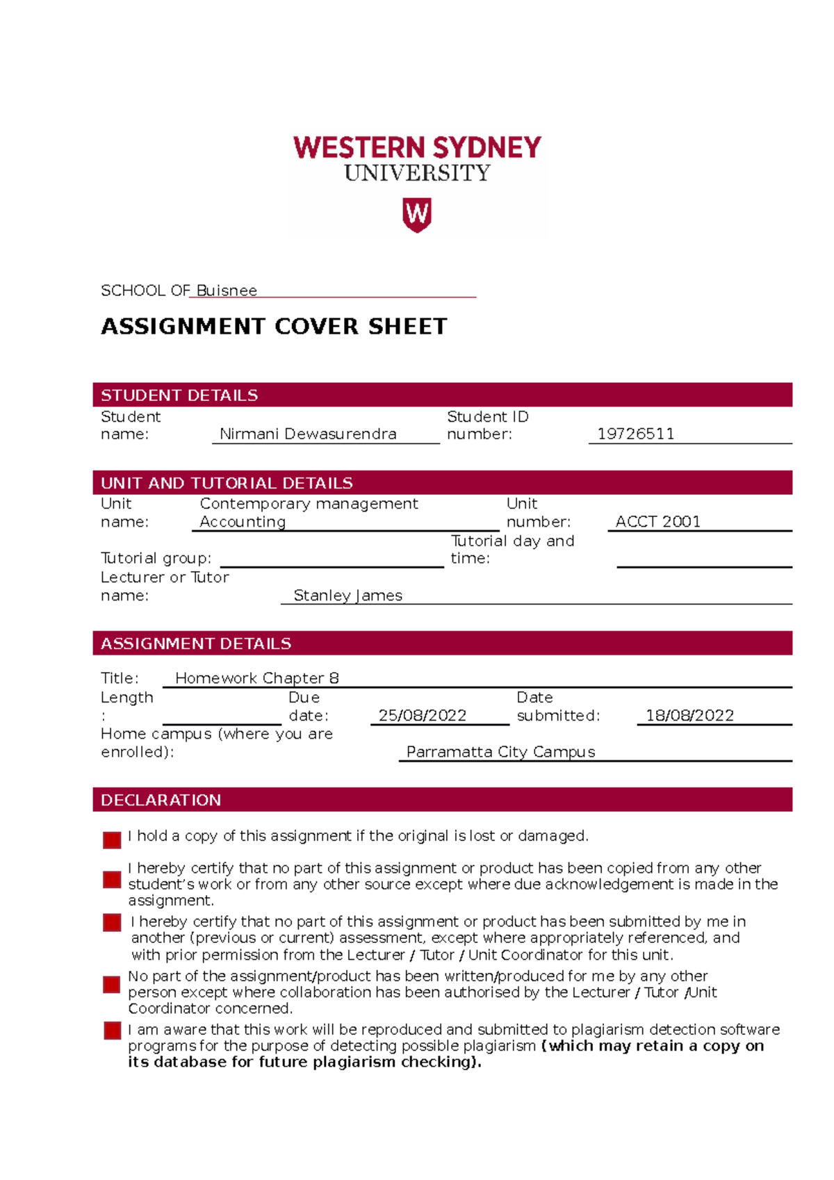 CMA Chapter 8 - Management Accounting - SCHOOL OF Buisnee ASSIGNMENT ...