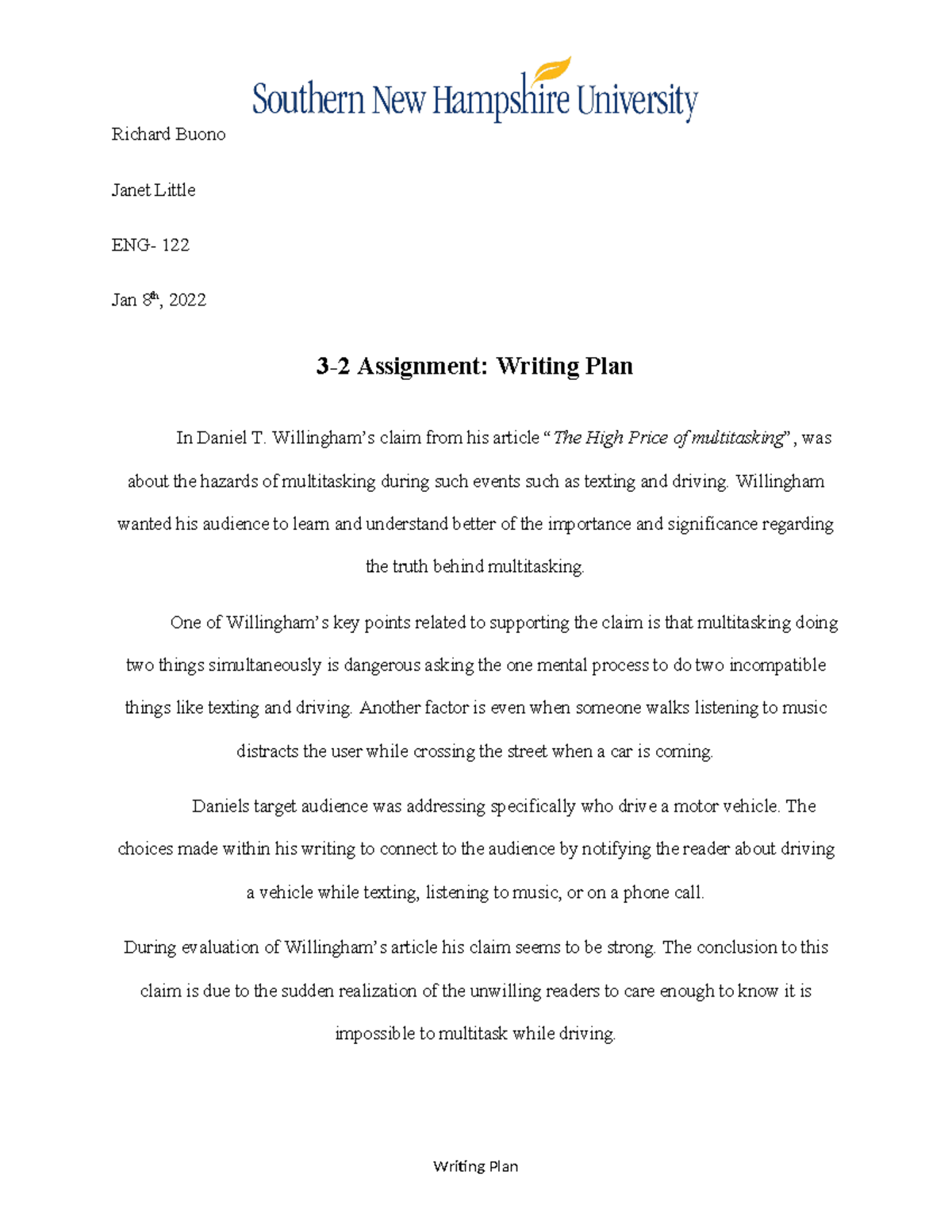 3-2 Assigment - Writing Plan - Richard Buono Janet Little ENG- 122 Jan ...