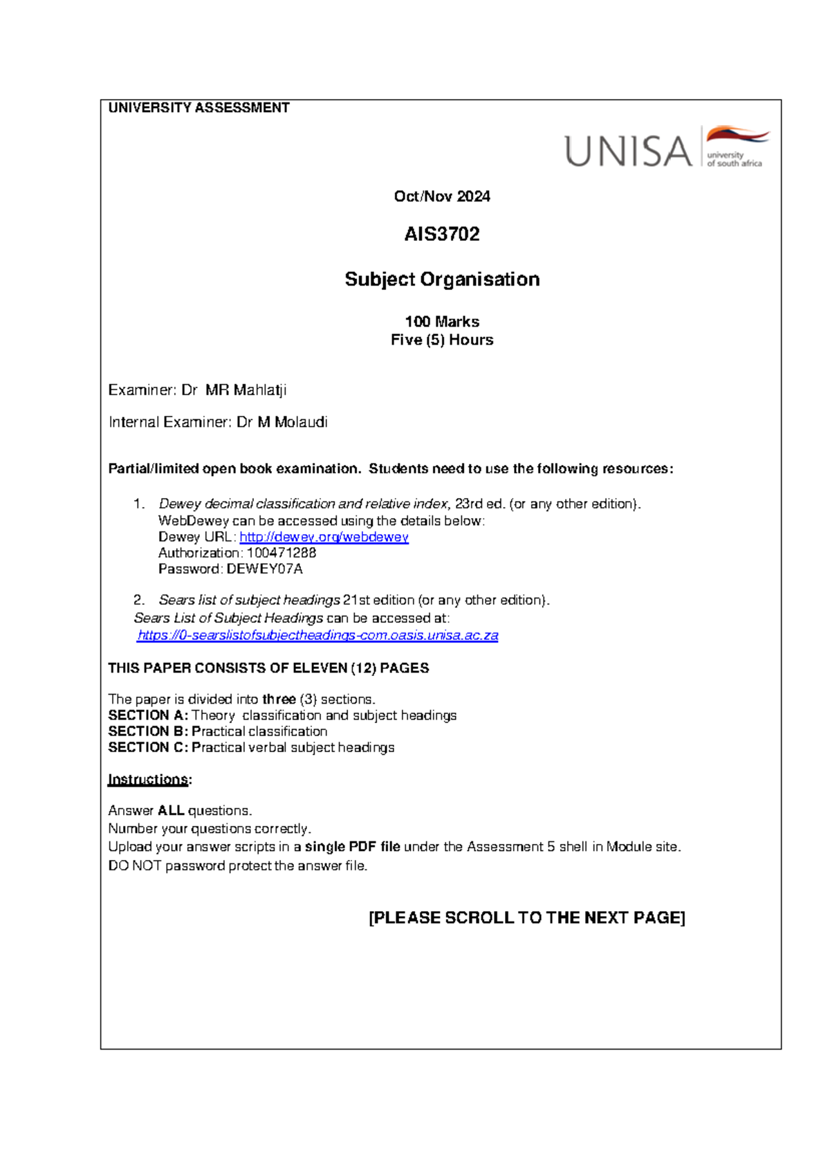 Assessment 5 - UNIVERSITY ASSESSMENT Oct/Nov 2024 AIS Subject ...