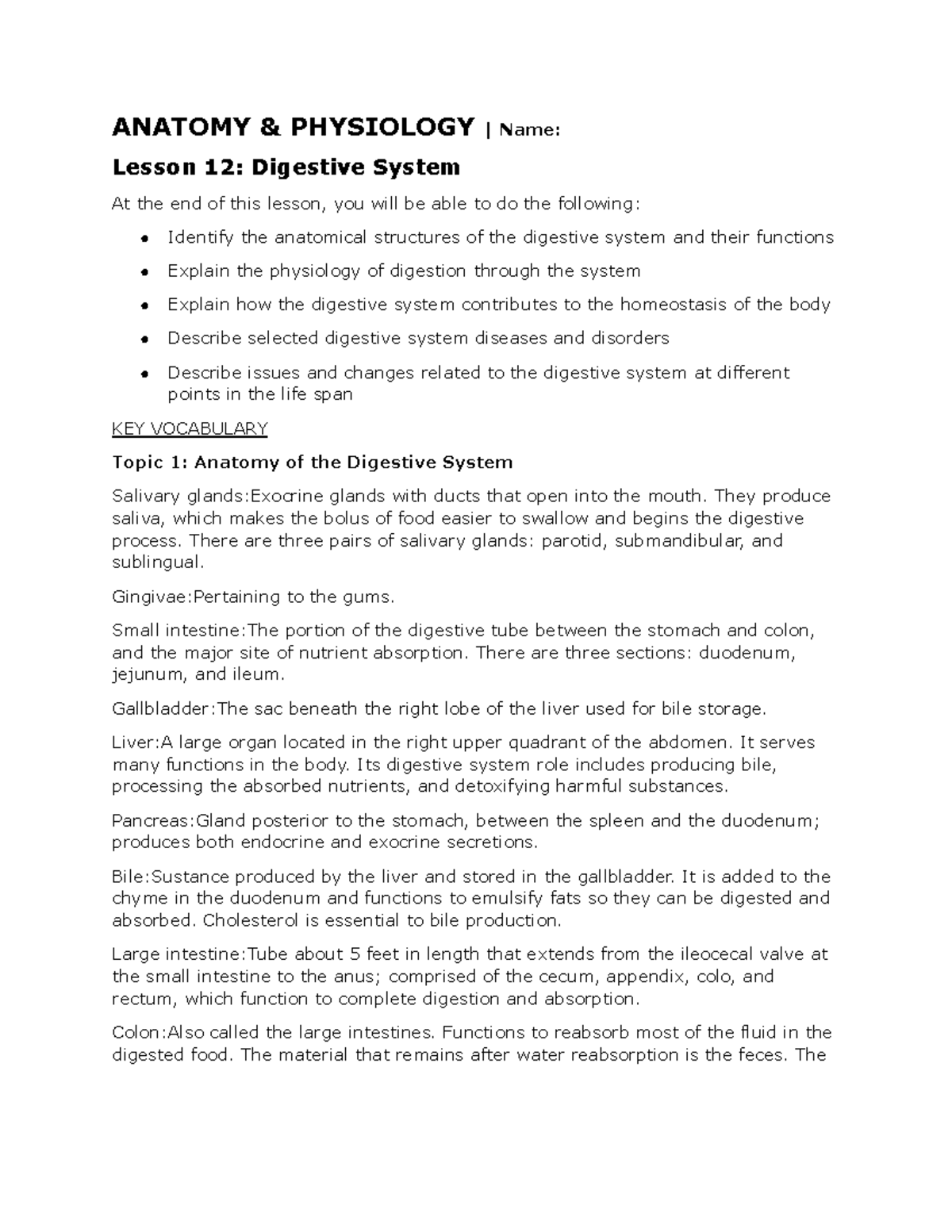 Copy of 12 - Digestive System - ANATOMY & PHYSIOLOGY| Name: Lesson 12 ...