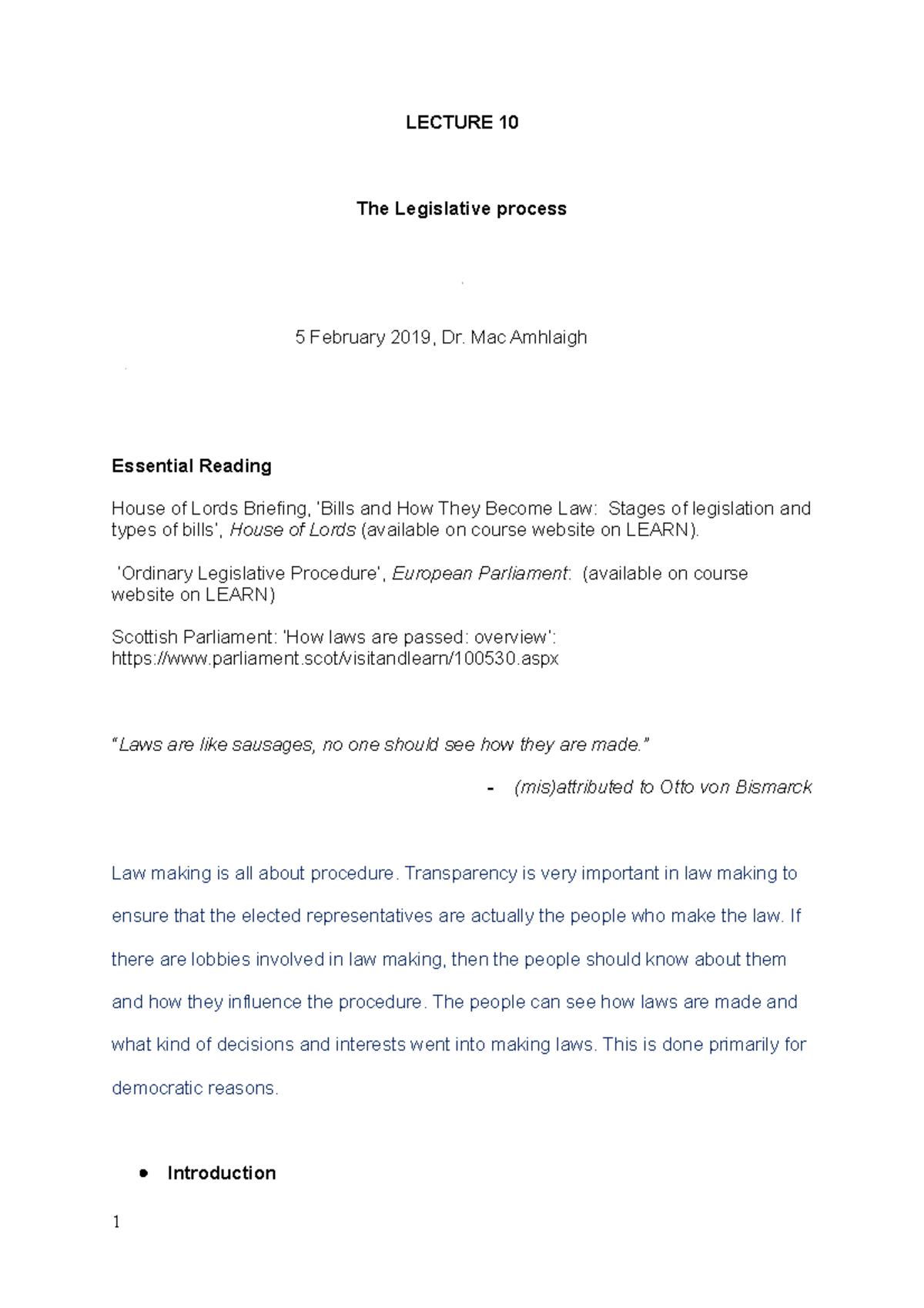 PLUS Lecture 10 Handout - LECTURE 10 The Legislative process 5 February ...