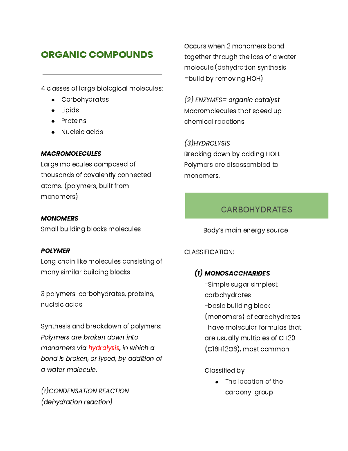 Bio - bio - ORGANIC COMPOUNDS 4 classes of large biological molecules ...