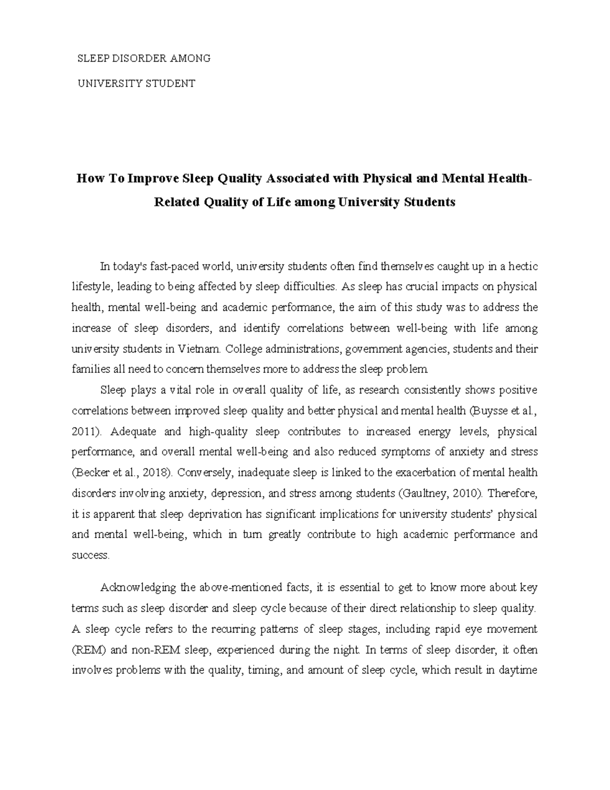Sleep Disorder Final APA - UNIVERSITY STUDENT How To Improve Sleep ...