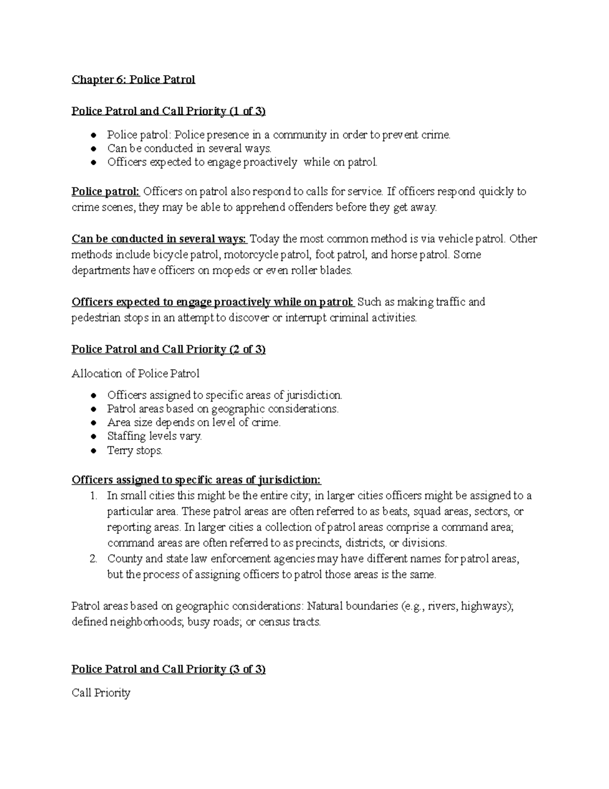 Kathleen Stephens SSJ 203 Chapter 6 Notes - Chapter 6: Police Patrol ...
