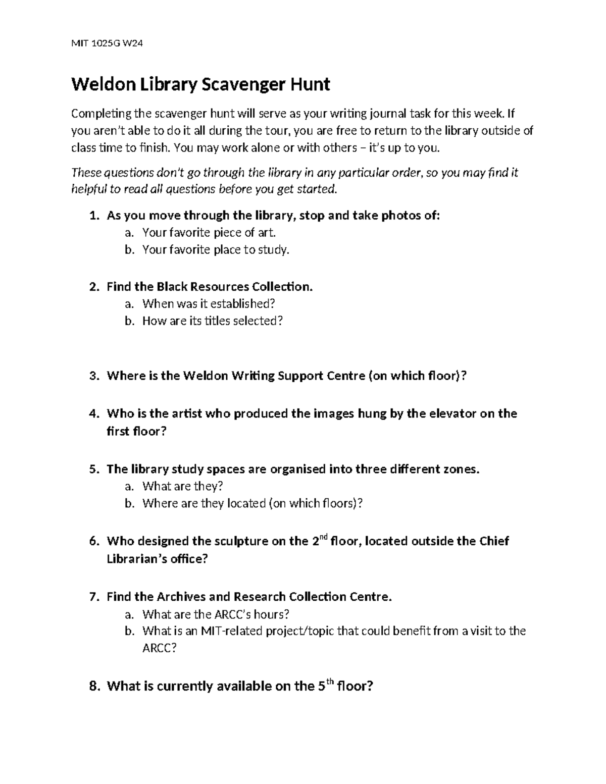 Library scavenger hunt - MIT 1025G W Weldon Library Scavenger Hunt ...