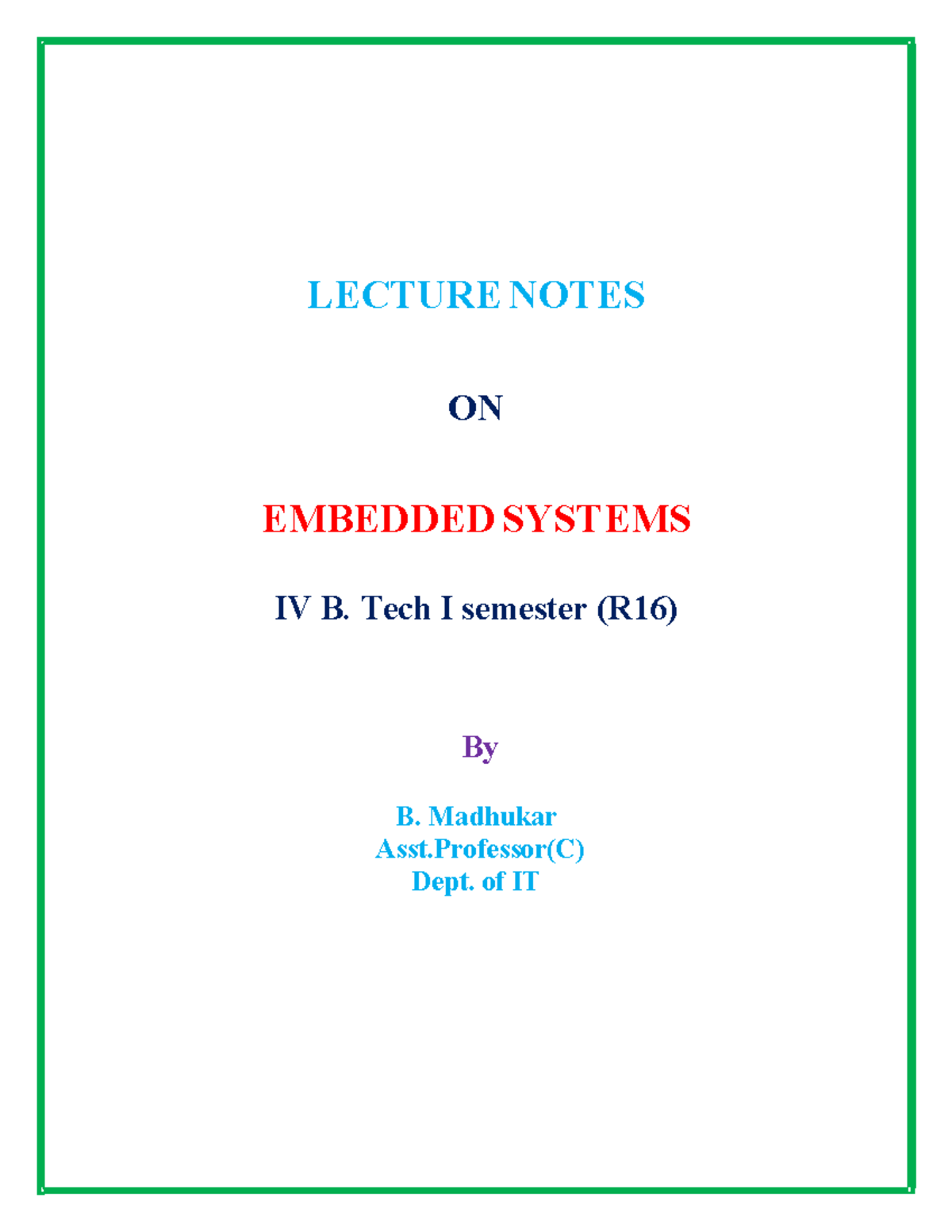 Unit -I Notes - LECTURE NOTES ON EMBEDDED SYSTEMS IV B. Tech I semester ...