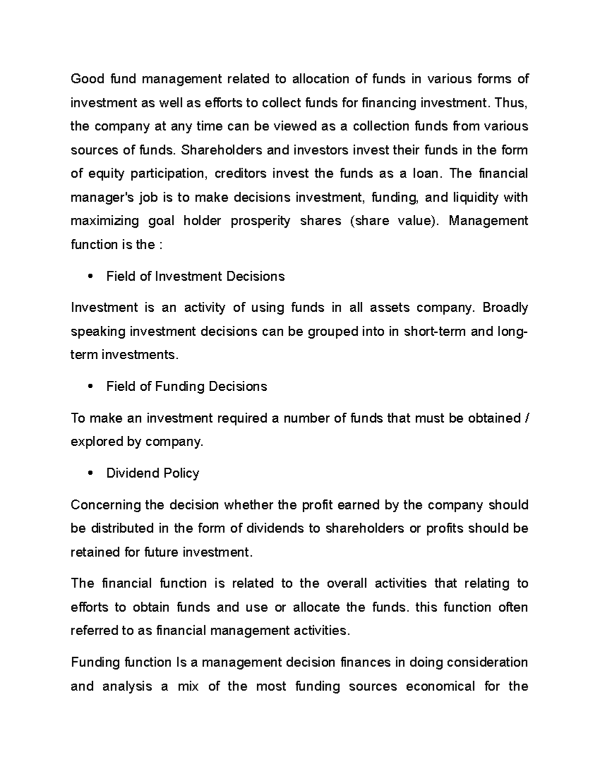 Corporate Finance - Good fund management related to allocation of funds ...
