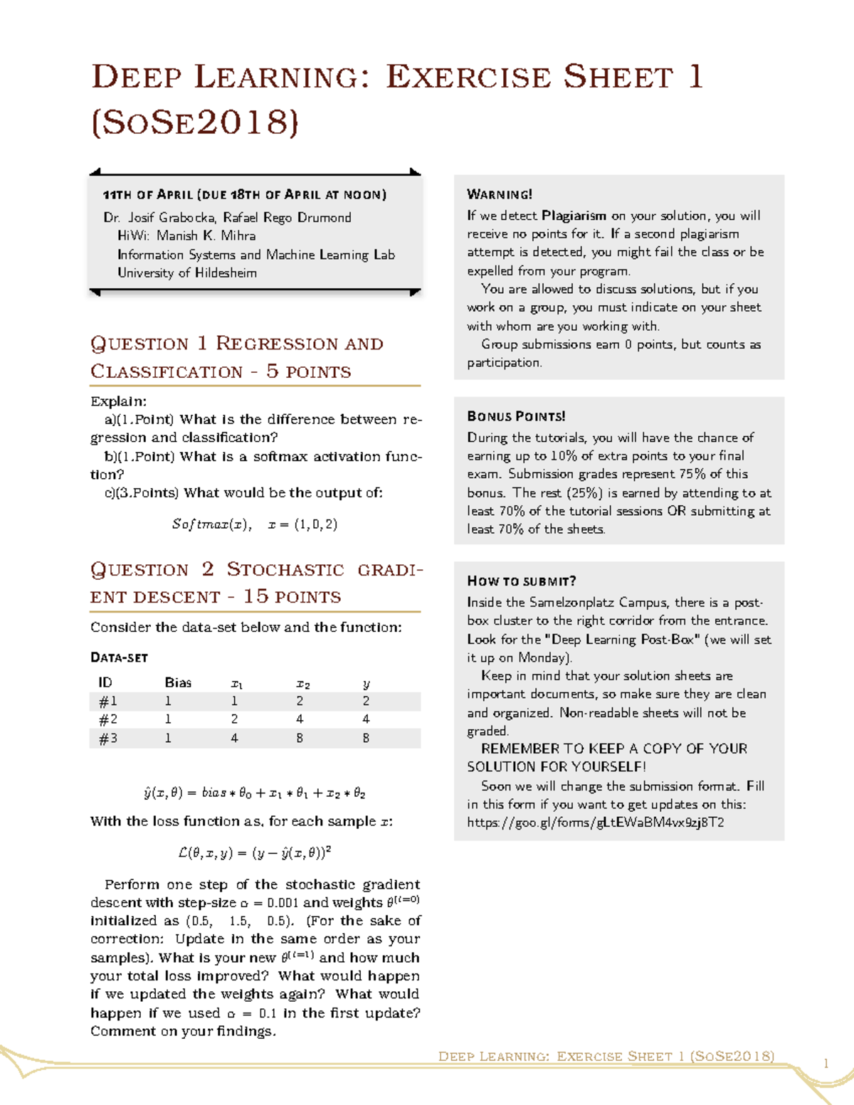 Exercise 01 - DEEP LEARNING: EXERCISE SHEET 1 (SOSE2018) TH OF APRIL ...