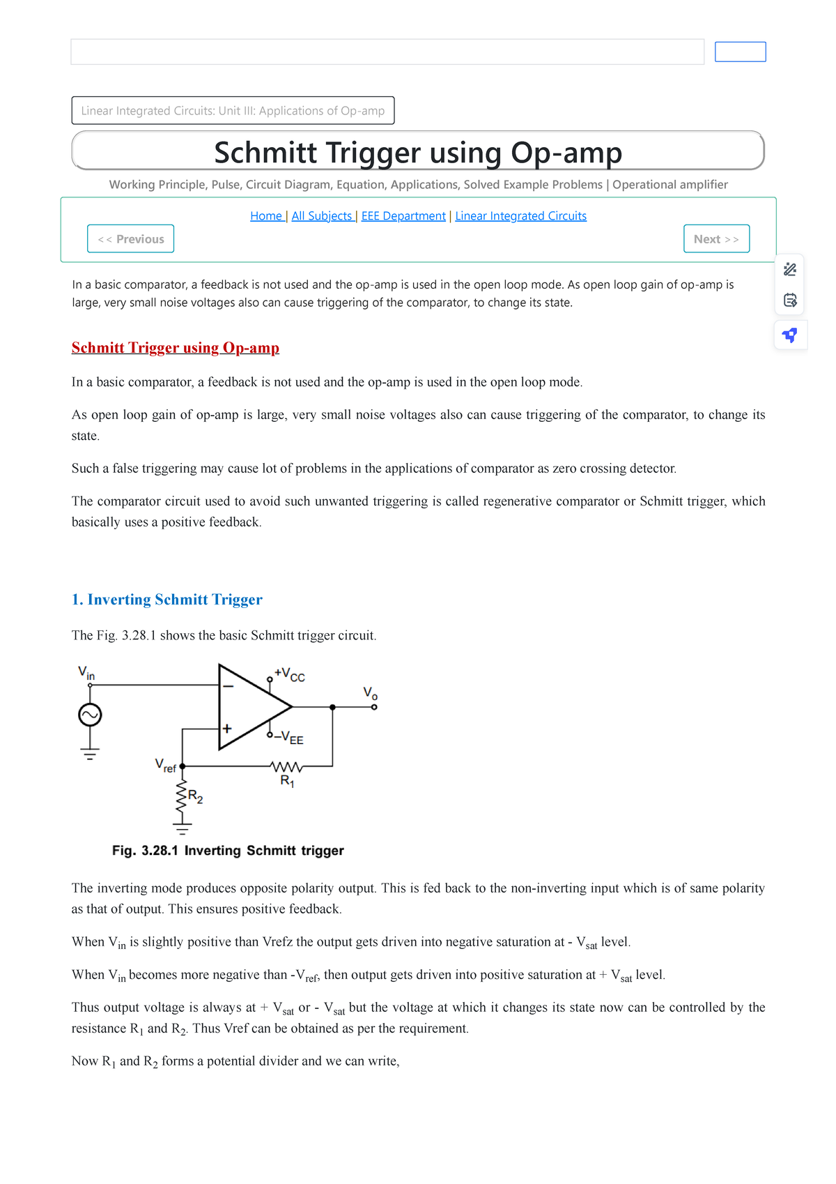 Schmitt Trigger using Op-amp - Working Principle, Pulse, Circuit Diagram, Equation, Applications ...