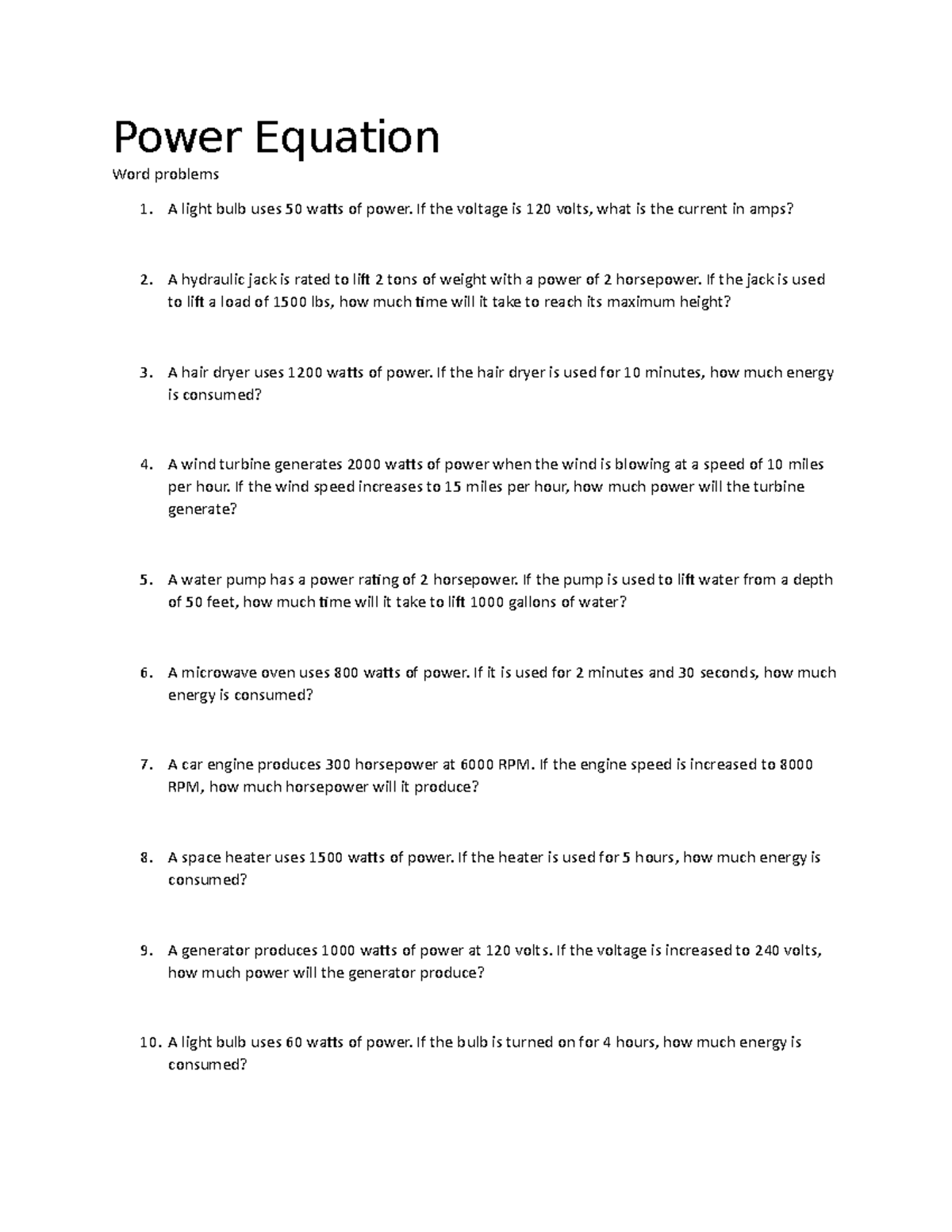 Power Equation - self-made worksheet for fluid mechanics - Power ...
