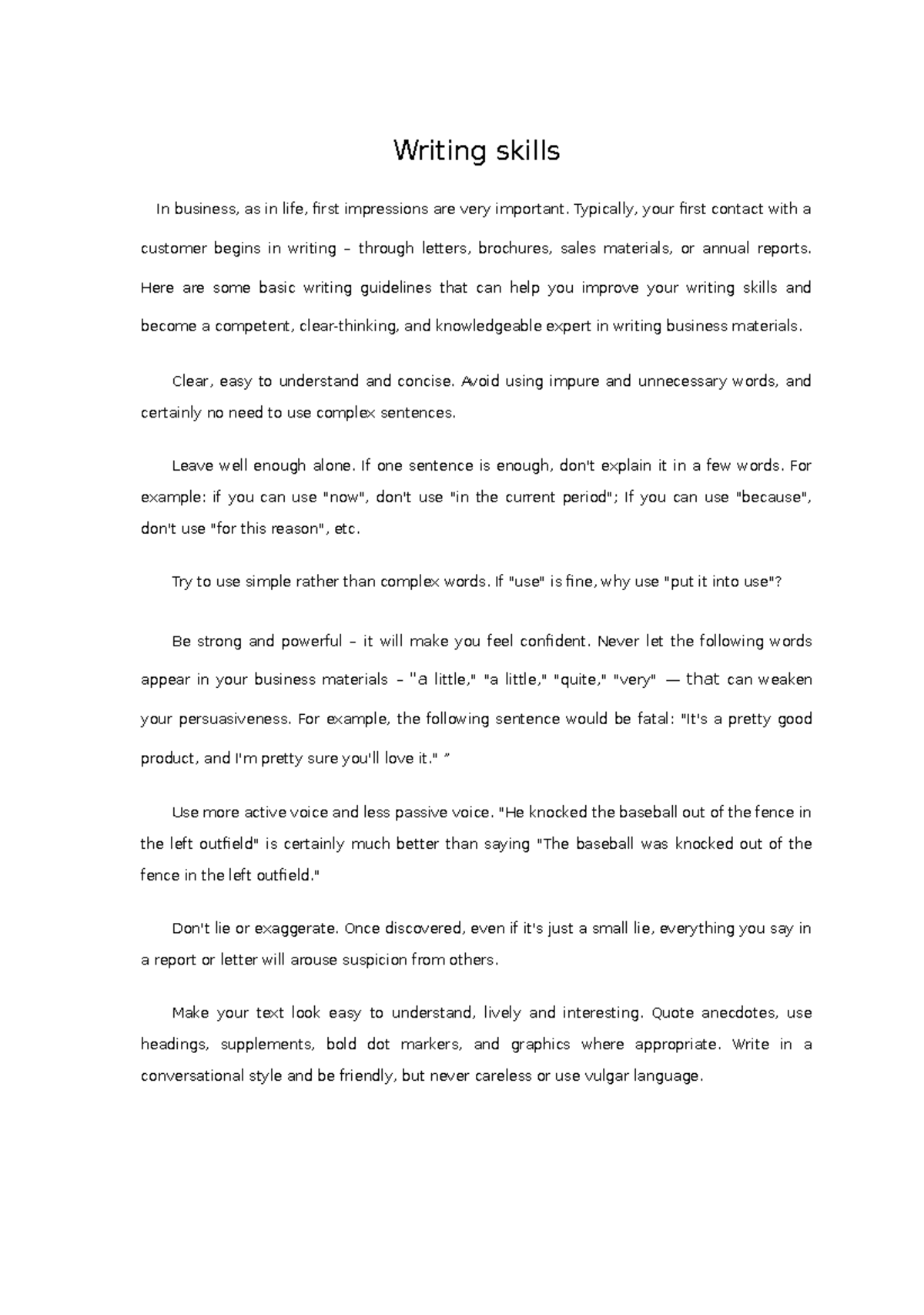 ENGL 102 Writing Skills Notes Writing Skills In Business As In Life