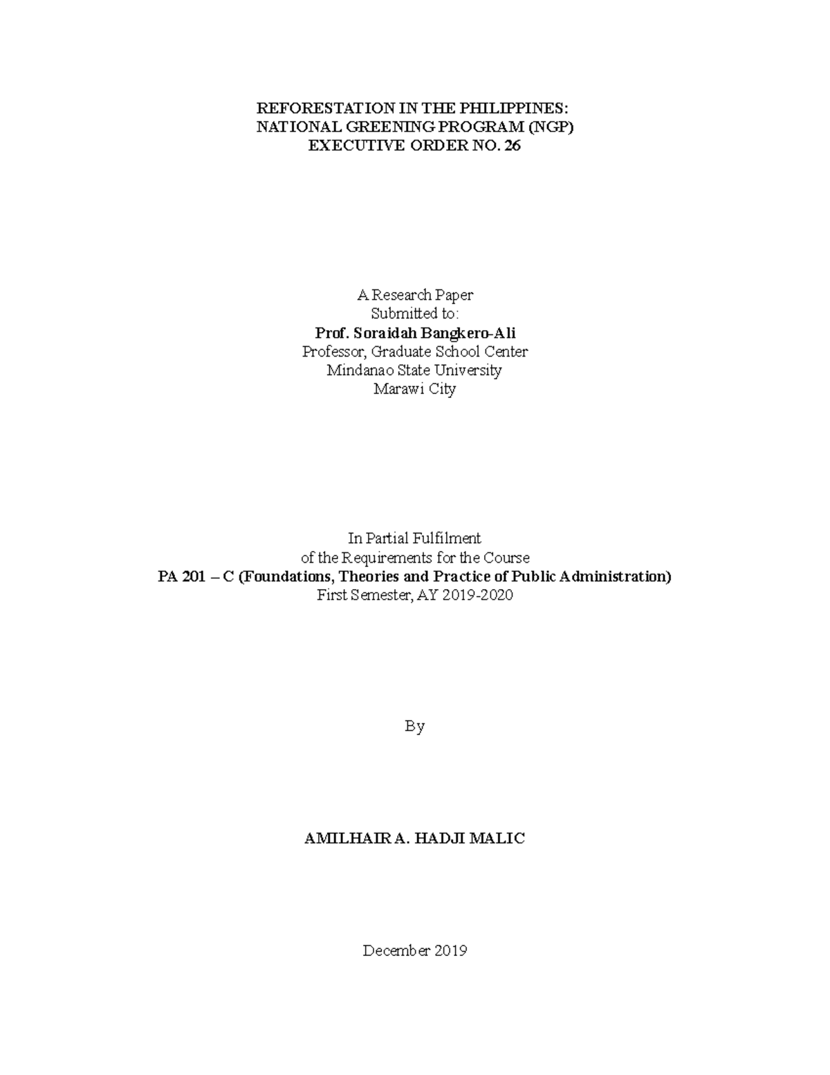 PA 201 Research Paper NGP - REFORESTATION IN THE PHILIPPINES: NATIONAL ...