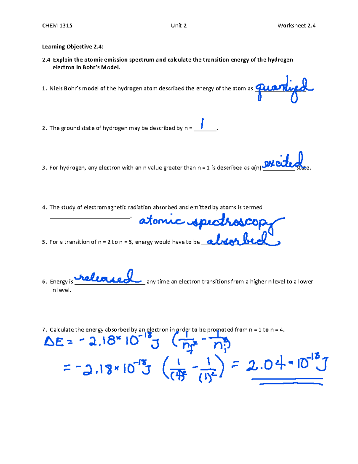 Learning Objective 2.4 Solutions - CHEM 1315 Unit 2 Worksheet 2 ...