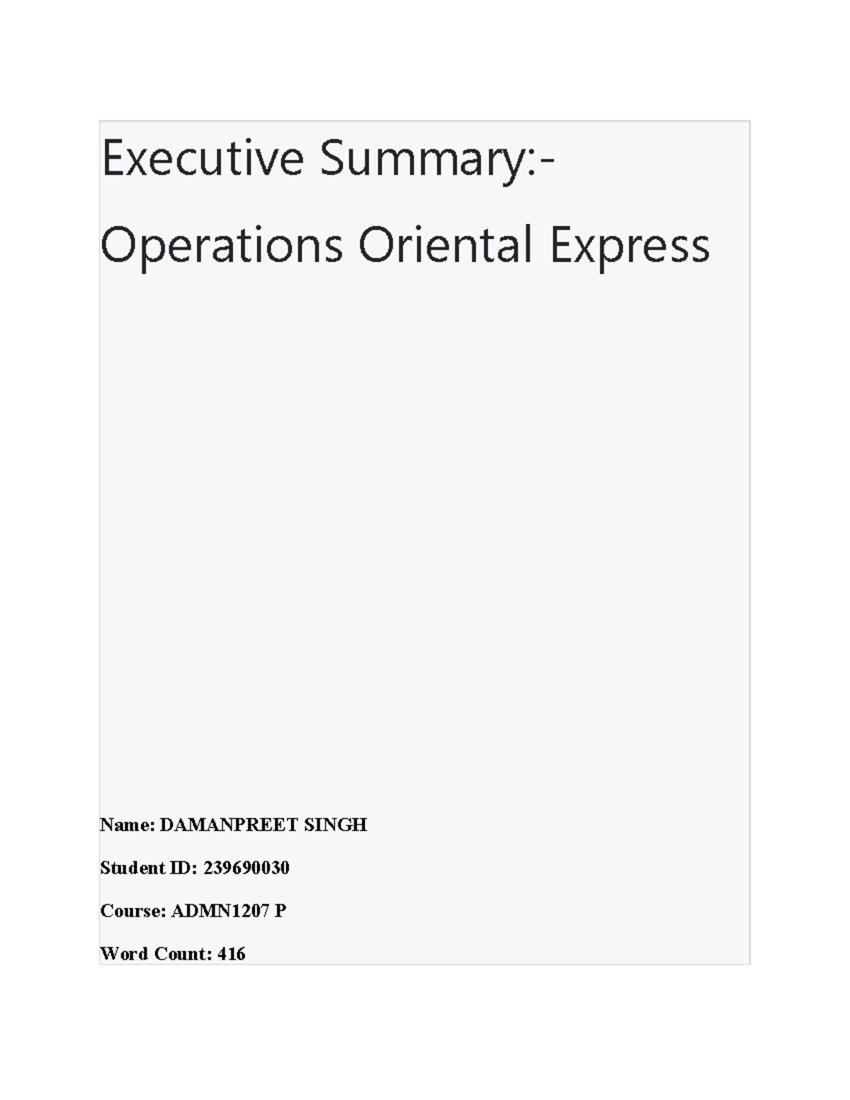 Operations Oriental Express - Executive Summary:- Operations Oriental ...