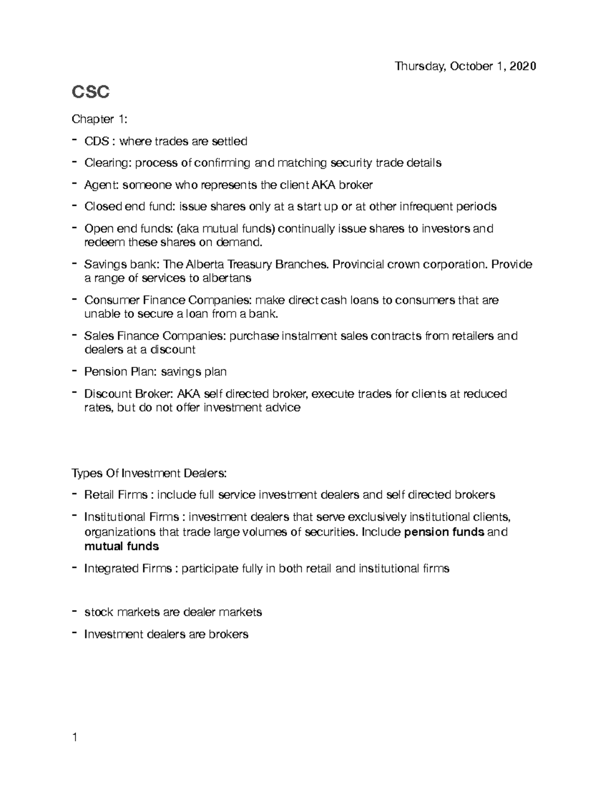 CSC chp 1-3 - Lecture notes 1-3 - CSC Chapter 1: - CDS : where trades ...