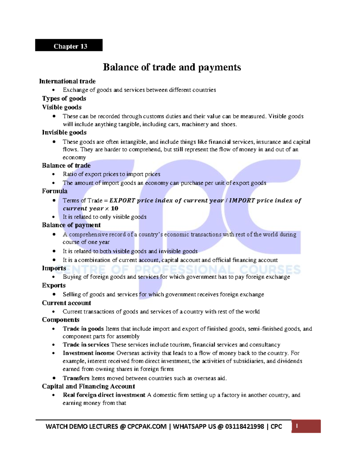 Eco CPC PRC-3 CHAP-13 Notes - Chapter 13 International trade Balance of ...