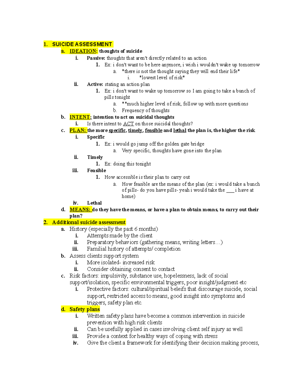 275- final exam prep - 275 lecture notes - 1. SUICIDE ASSESSMENT a ...