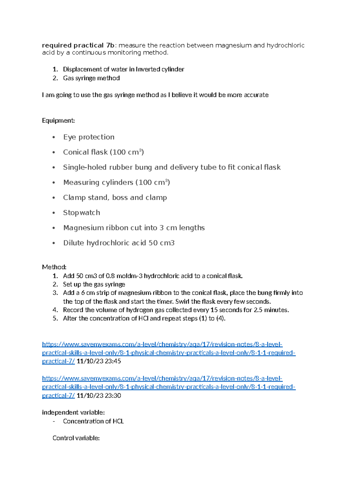 1 - its - required practical 7b: measure the reaction between magnesium and hydrochloric acid by ...