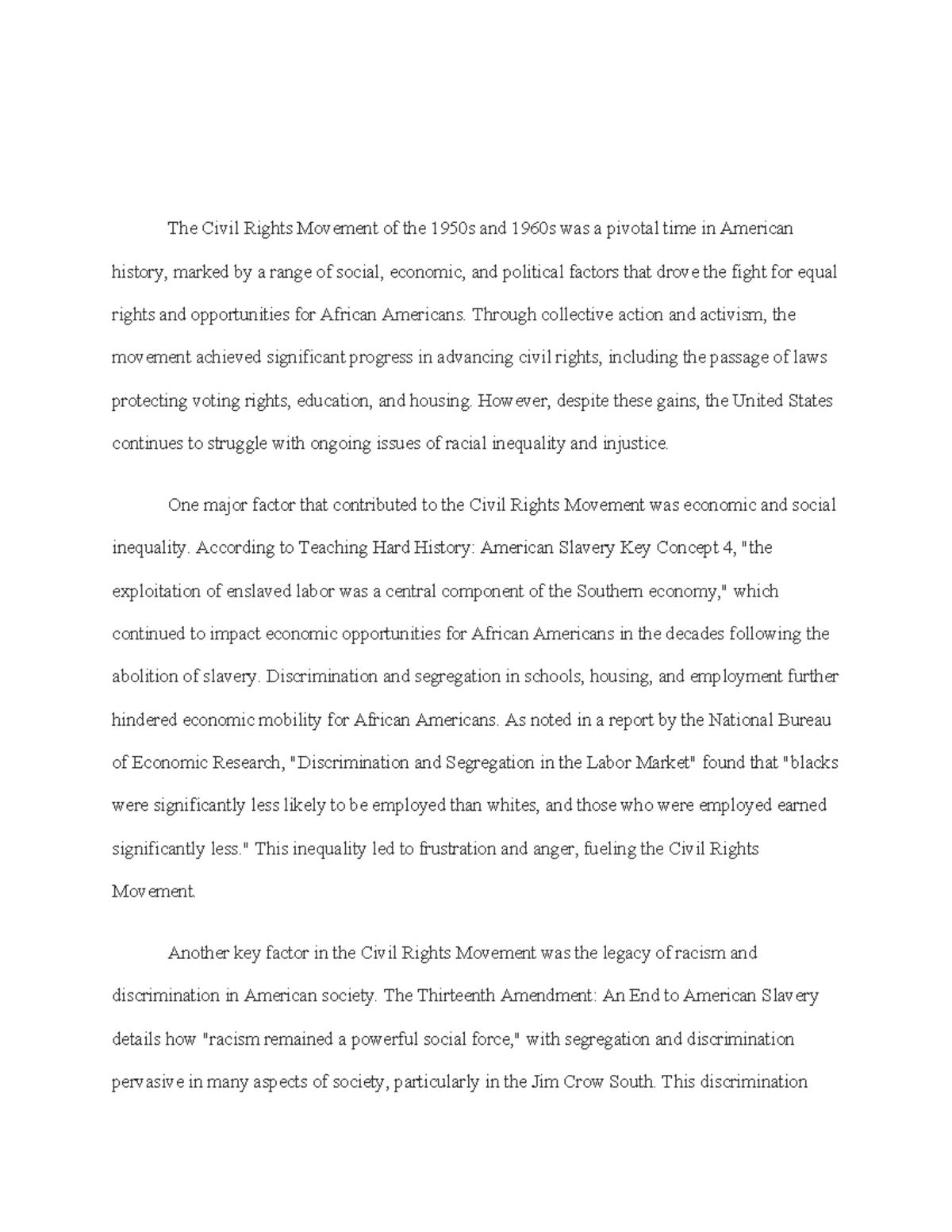 Sample work paper - DERWIN LAB - The Civil Rights Movement of the 1950s ...