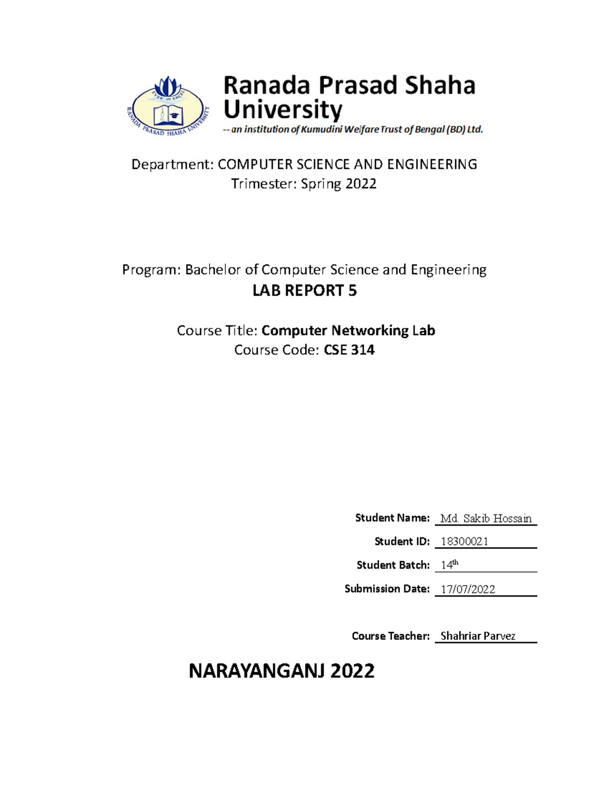 Networking Lab report 5 - Department: COMPUTER SCIENCE AND ENGINEERING Trimester: Spring 2022 ...