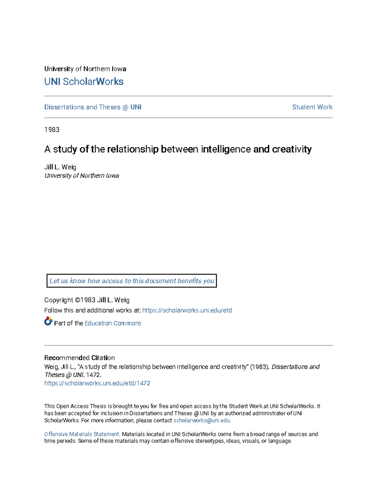 A study of the relationship between intelligence and creativity - Weig ...