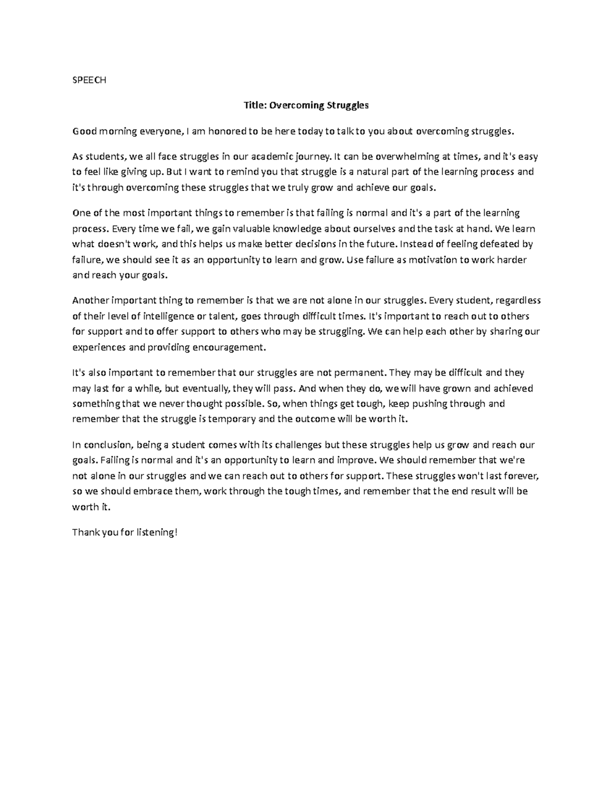 Overcoming Struggle - Notes - SPEECH Title: Overcoming Struggles Good ...