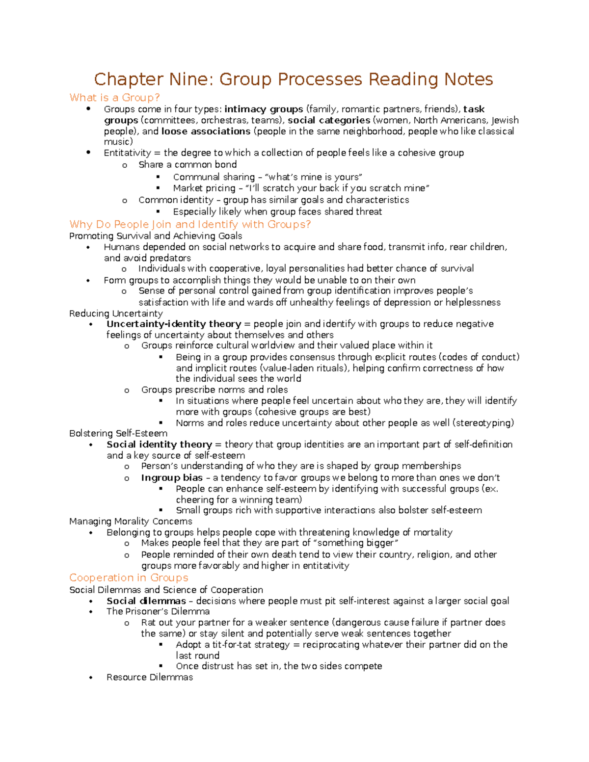 Ch. 9 Reading Notes (Groups) - Chapter Nine: Group Processes Reading ...