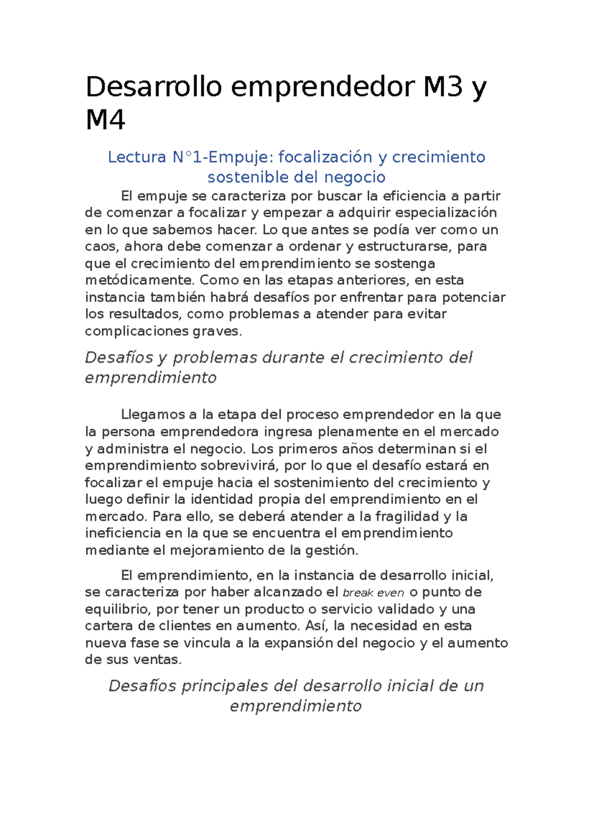 Desarrollo emprendedor M3 y M4 - Desarrollo emprendedor M3 y M Lectura N°1-Empuje: focalización ...