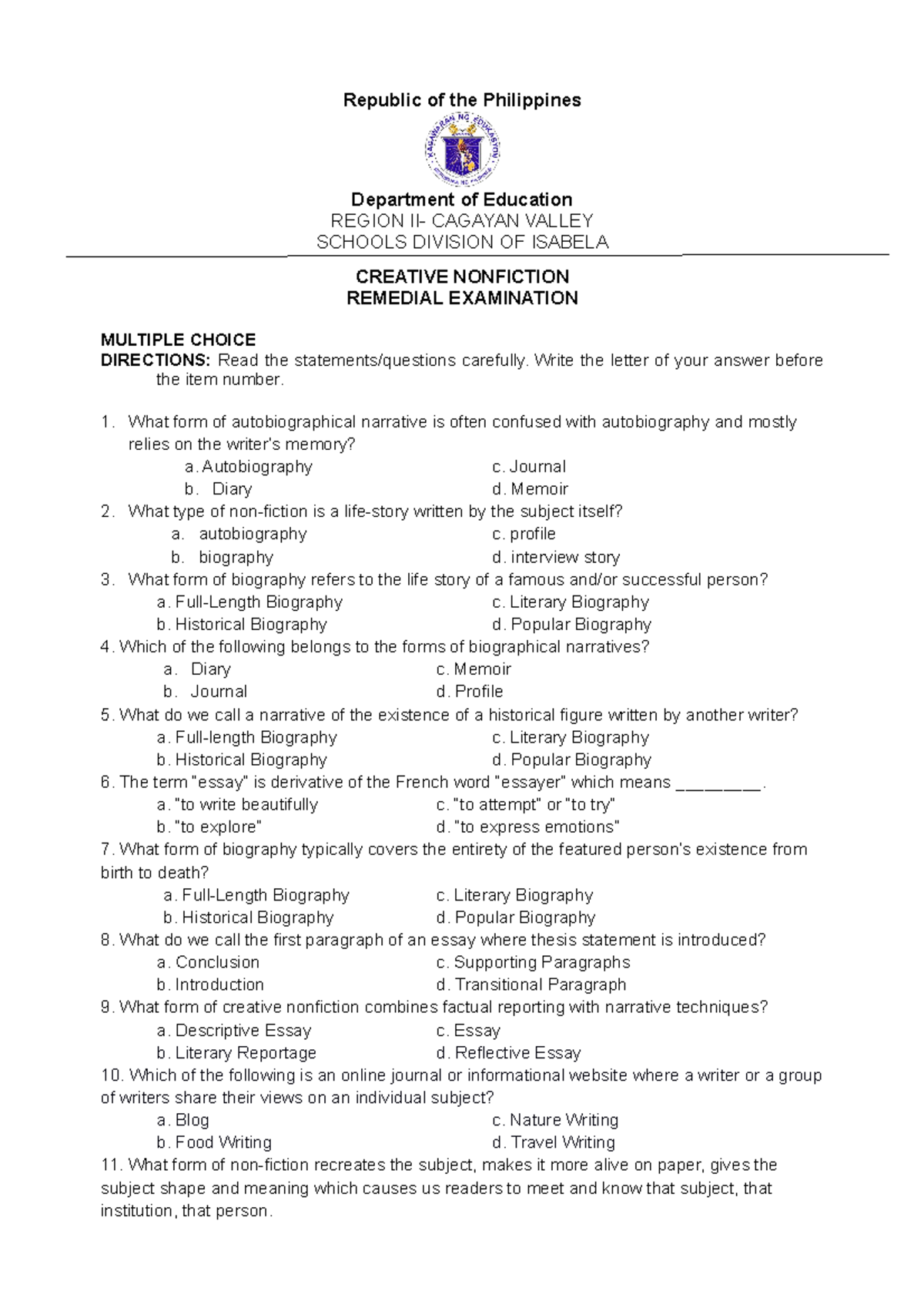 Remedial Test - Republic of the Philippines Department of Education ...