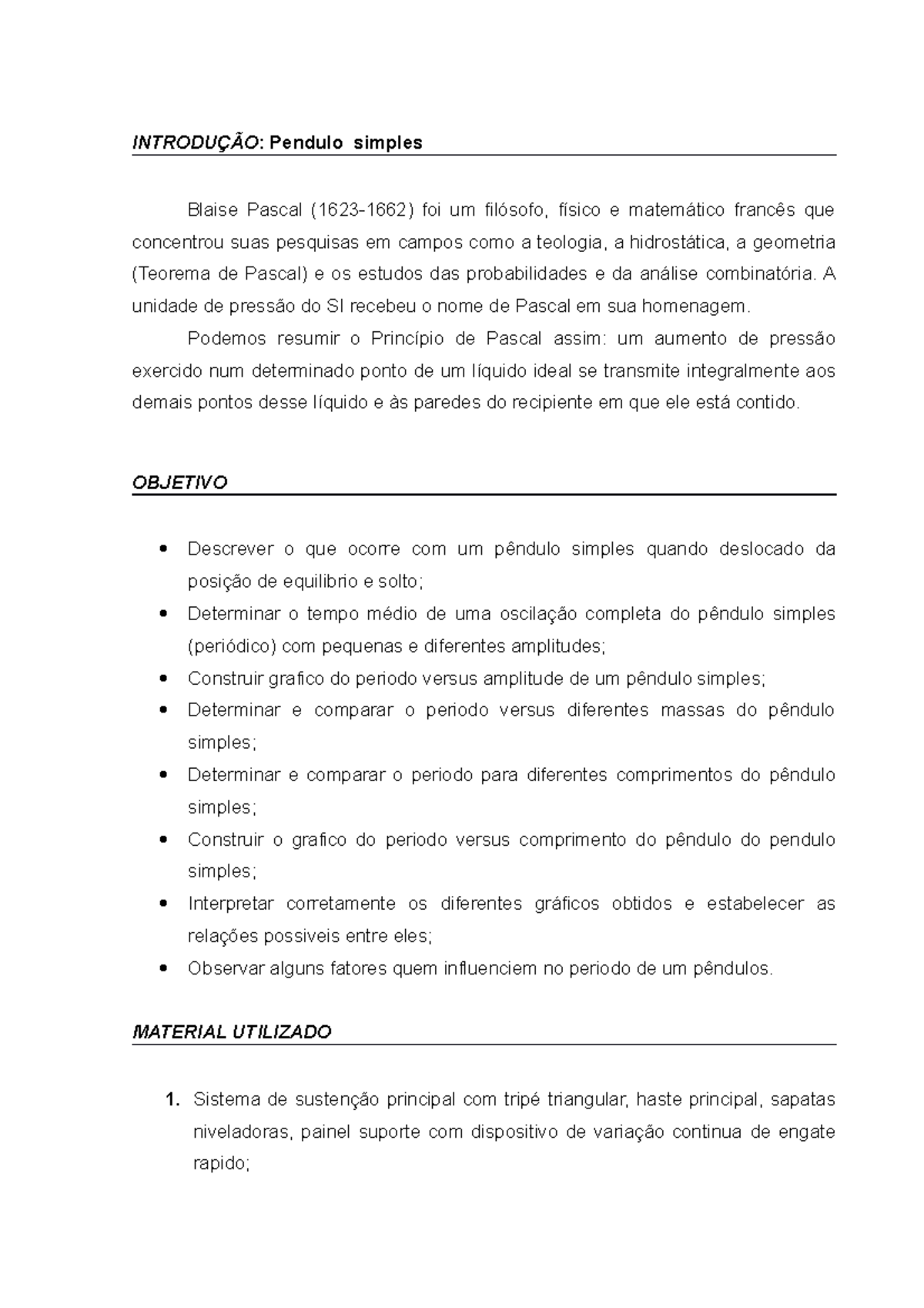 Introducao Pendulo simples - INTRODUÇÃO : Pendulo simples Blaise Pascal ...
