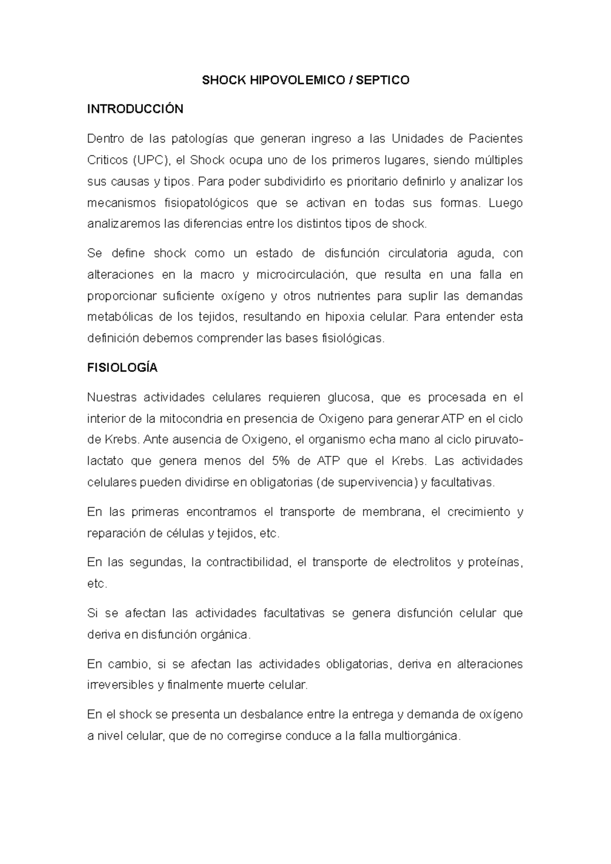 3. Shock Hipovolemico - SHOCK HIPOVOLEMICO / SEPTICO INTRODUCCIÓN ...