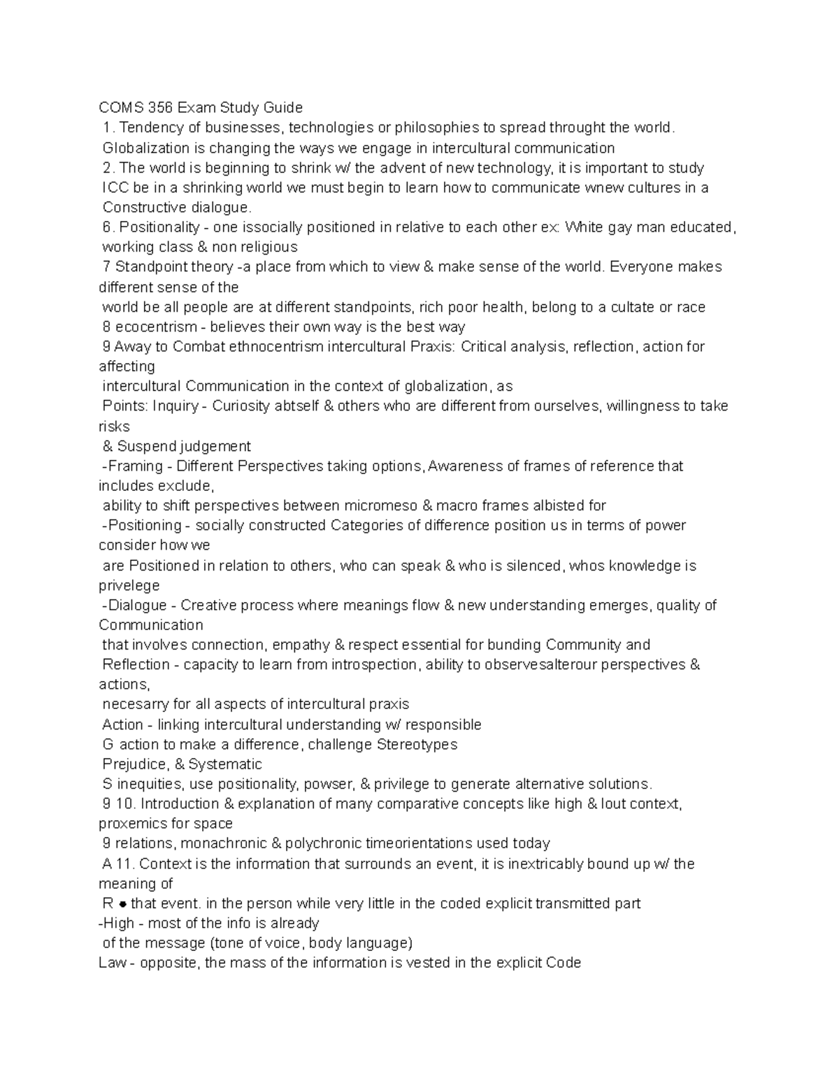 Study guide for Exam 1 - COMS 356 Exam Study Guide 1. Tendency of ...