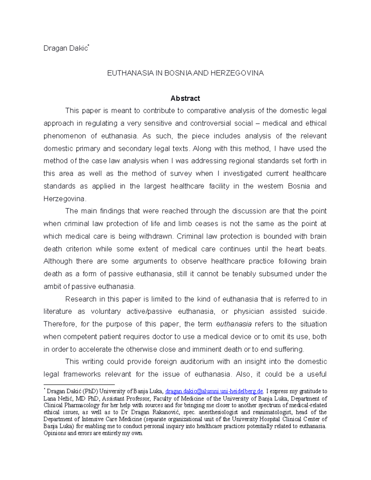 Euthanasia IN Bosnia AND Herzegovina - Dragan Dakic* EUTHANASIA IN ...