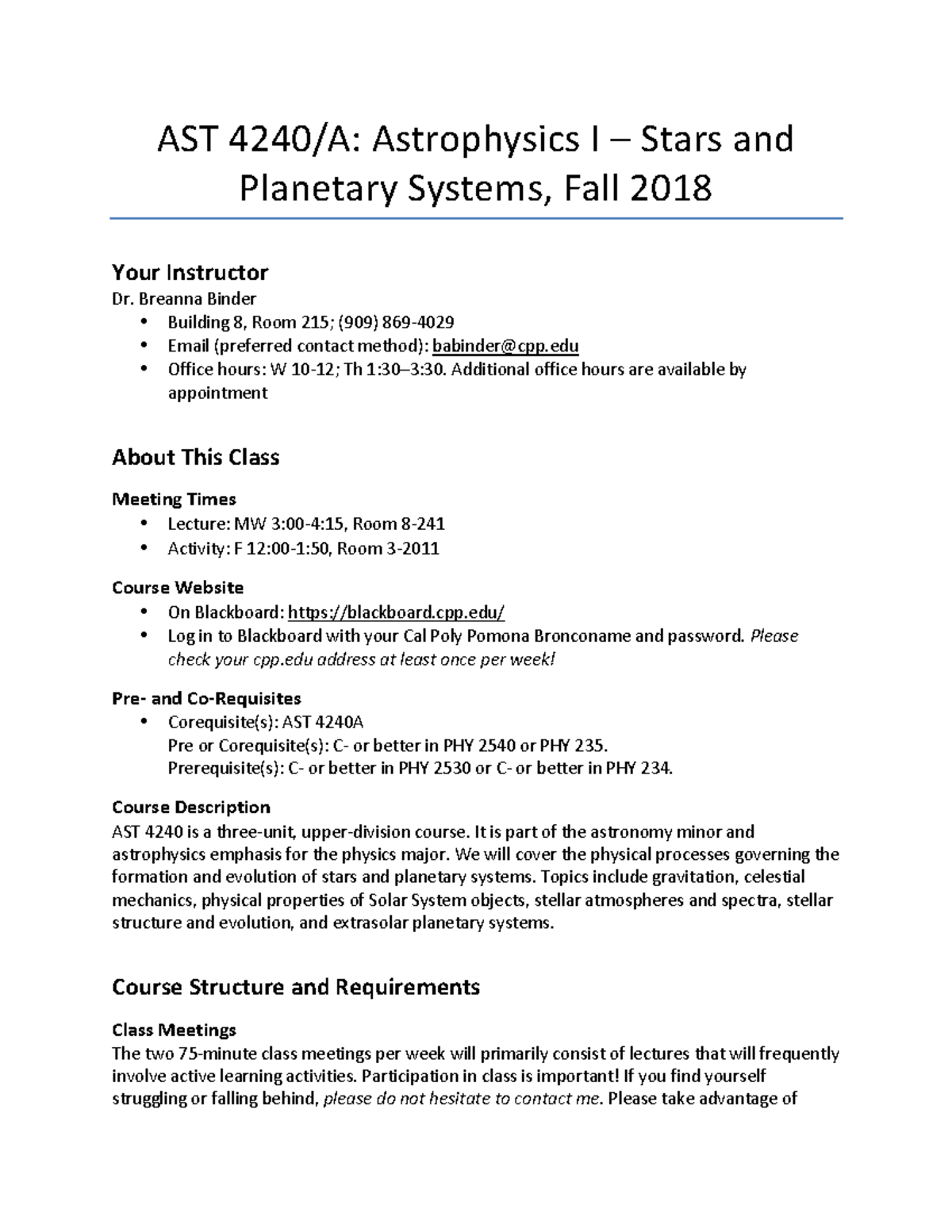 AST4240 Syllabus Fall2018 - AST$4240/A:$Astrophysics$I$–!Stars&and ...