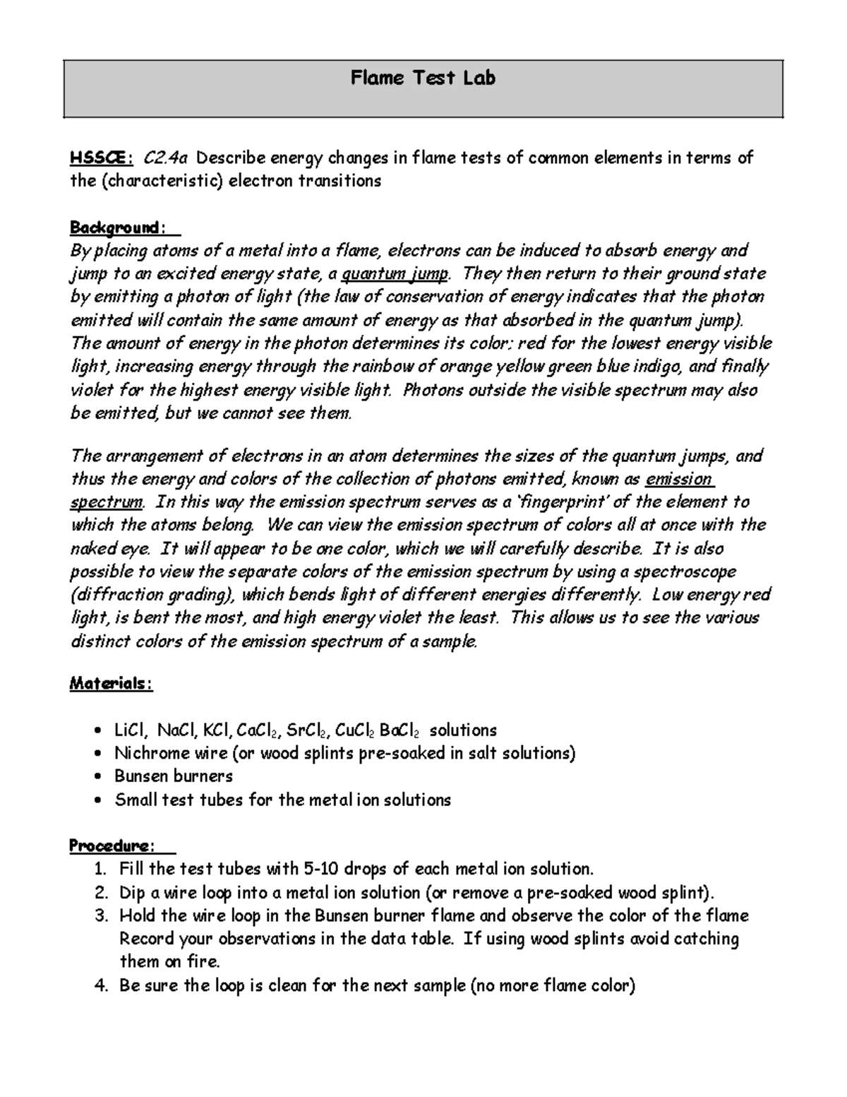 Flame Test Lab - practice materials - Flame Test Lab HSSCE: C2 Describe ...