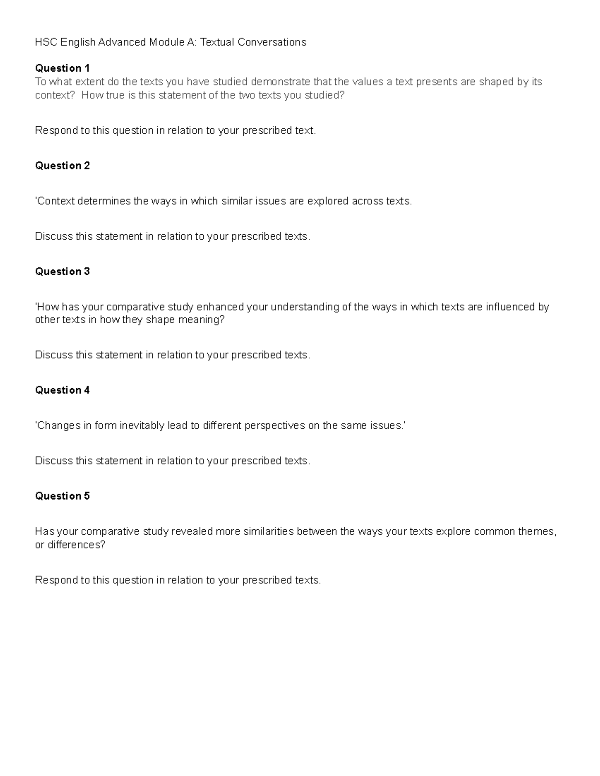 Practice Questions Module A Textual Conversations - English advanced ...