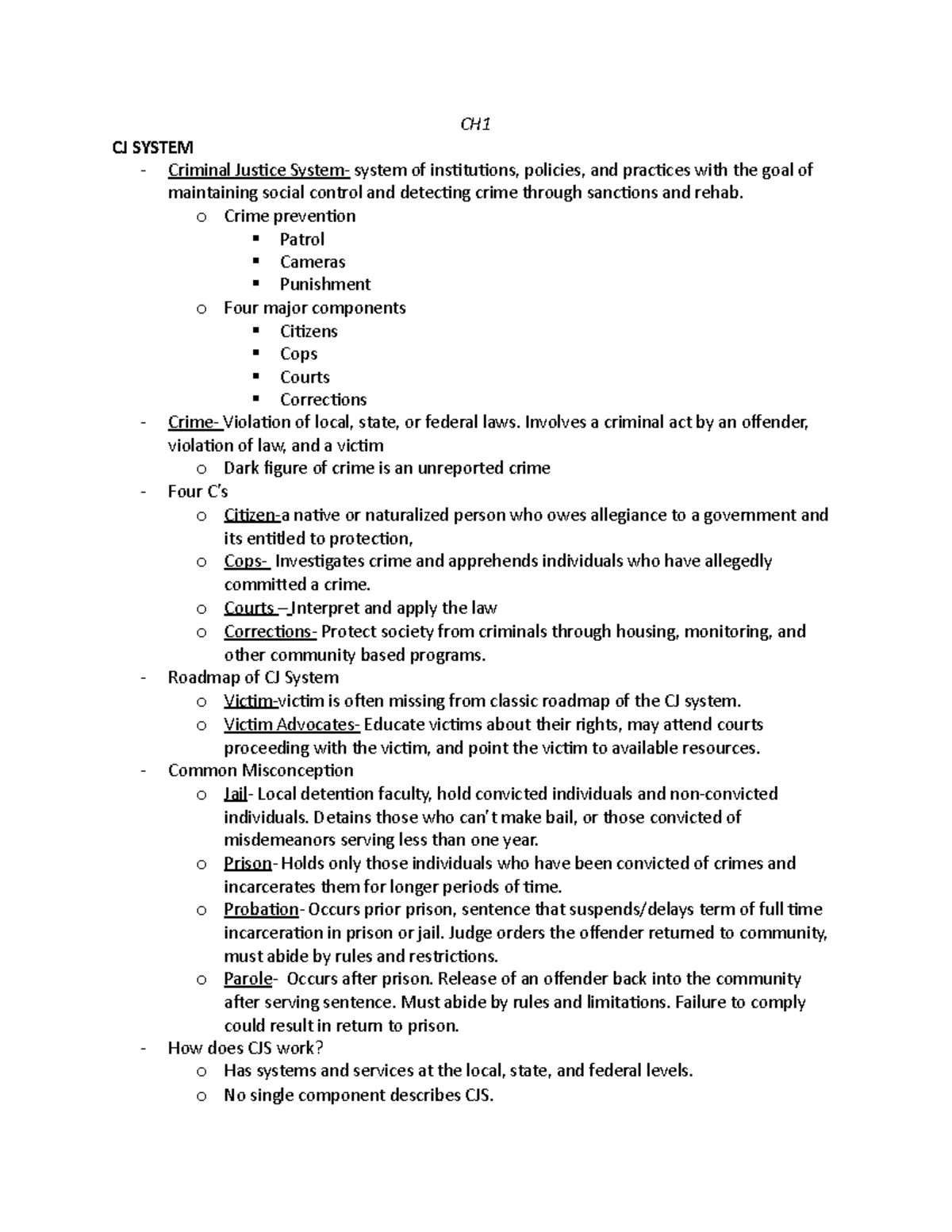 Intro to CJ class notes - CH1 CJ SYSTEM - Criminal Justice System ...