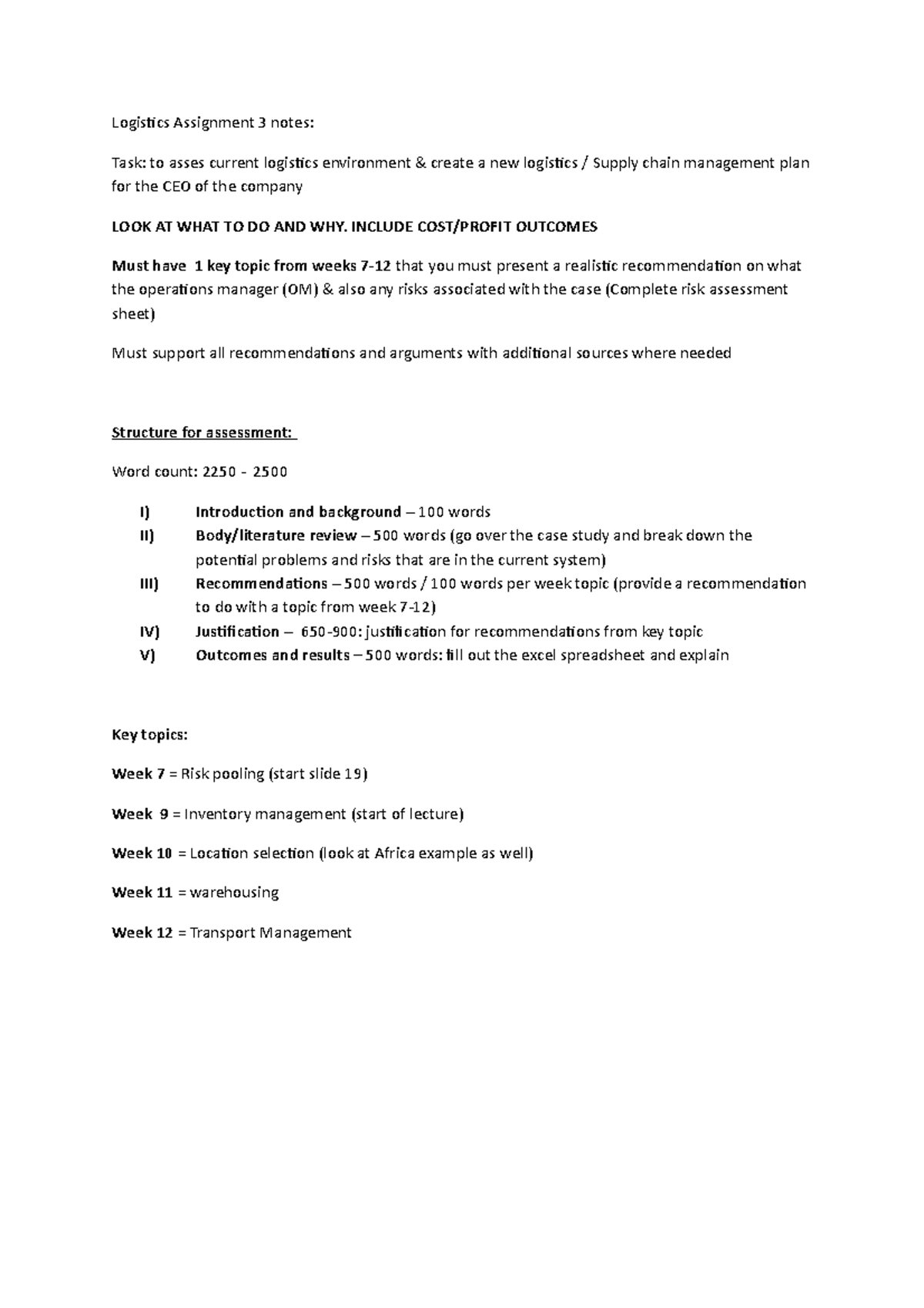 Logistics Assignment 3 notes - Logistics Assignment 3 notes: Task: to ...