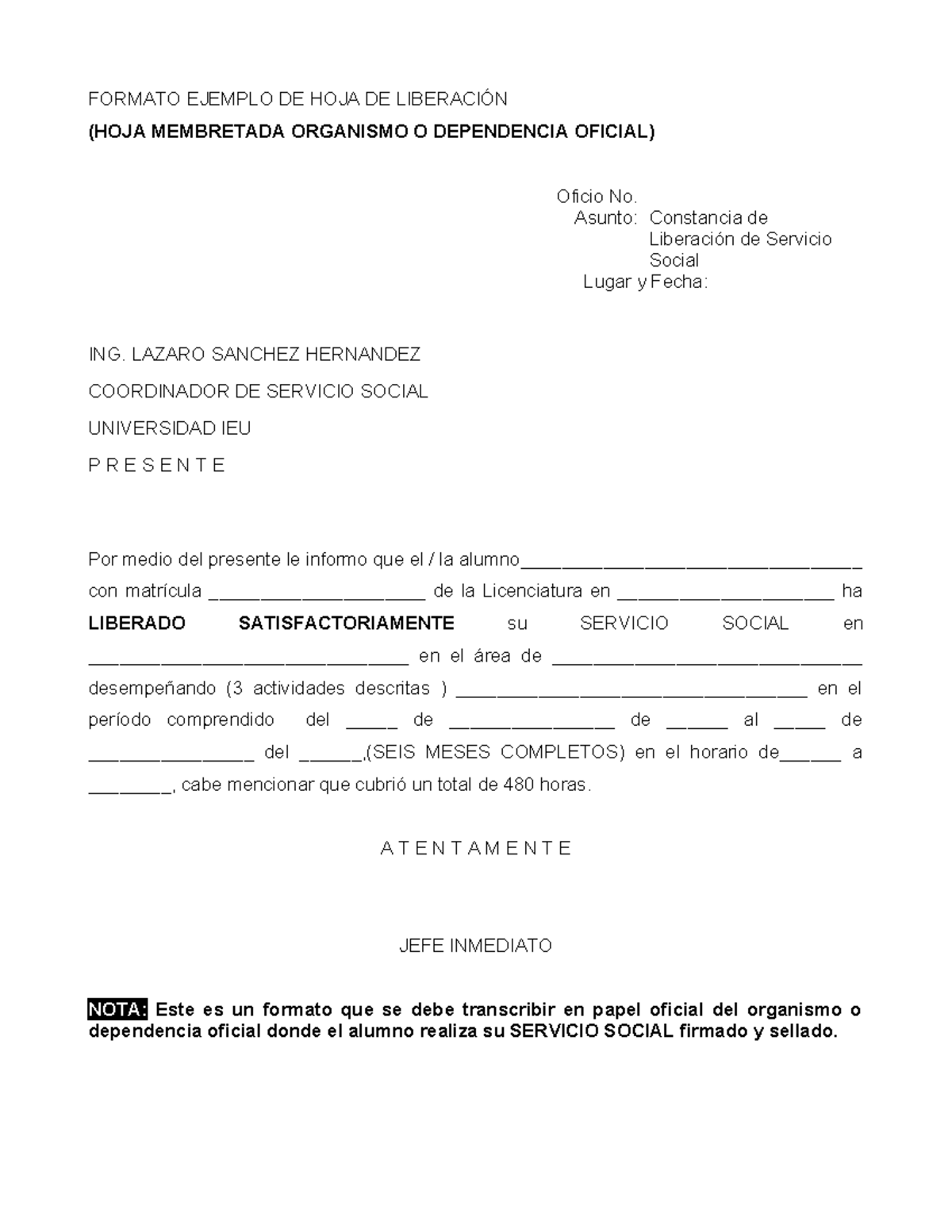 Formato de Carta de liberación SS - FORMATO EJEMPLO DE HOJA DE LIBERACIÓN (HOJA MEMBRETADA ...