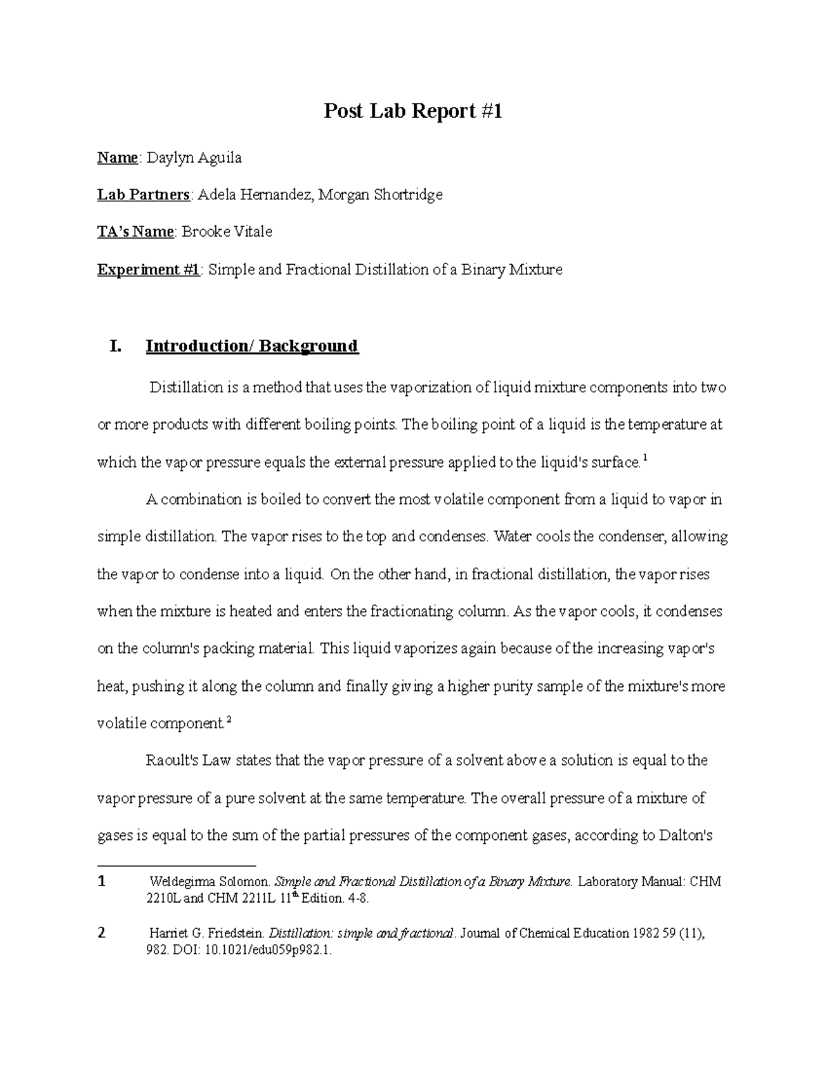 Post Lab Report Experiment #1 Simple and Fractional Distillation - Post ...