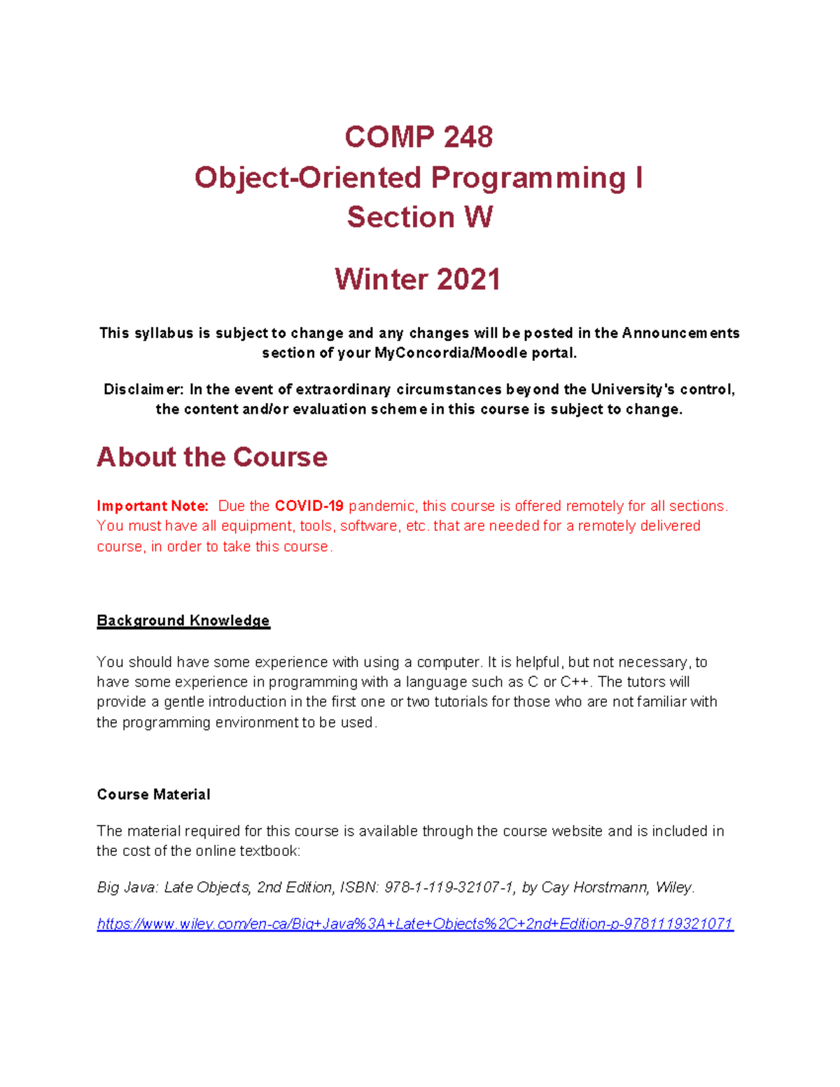 Comp 248 Course Outline Comp 248 Object Oriented Programming I Section W Winter 2021 This