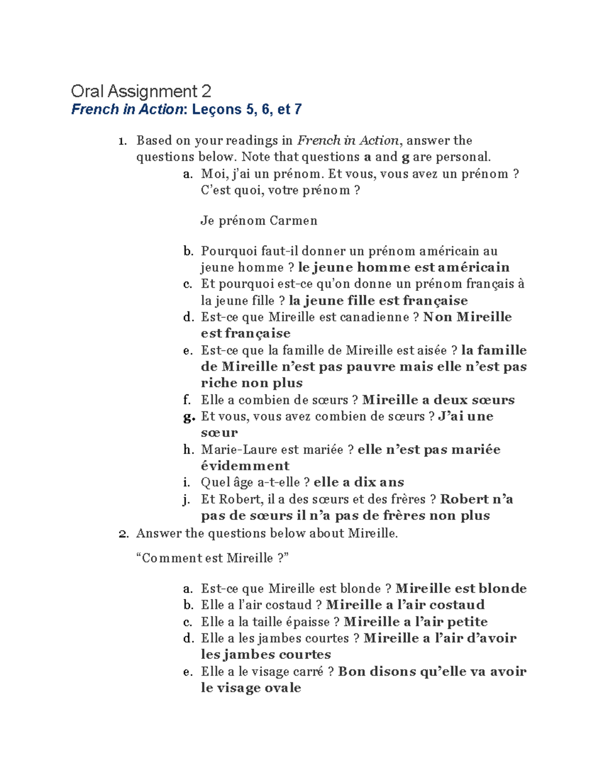 Oral Assignment 2 - Orale - Oral Assignment 2 French in Action : Leçons ...