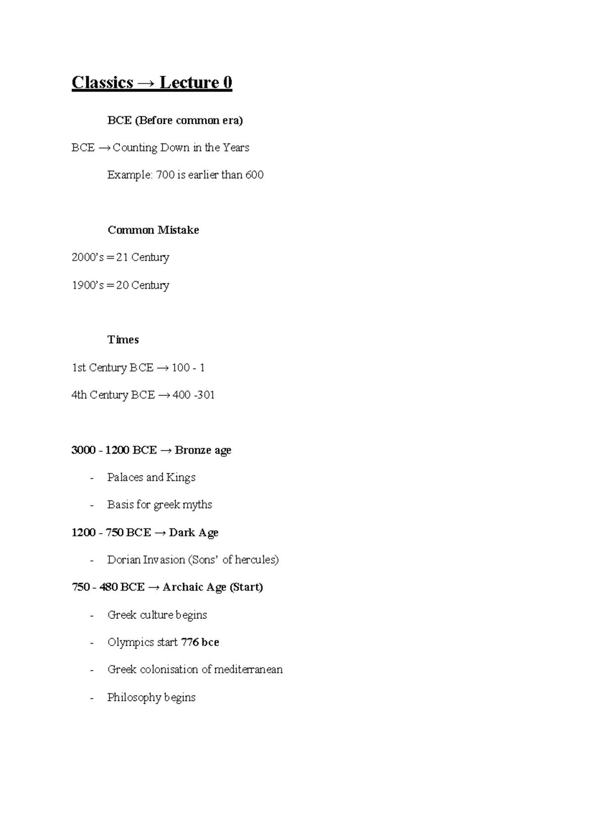 Classics - All lecture Material posted for midterm 1 - Classics → Lecture 0 BCE (Before common ...