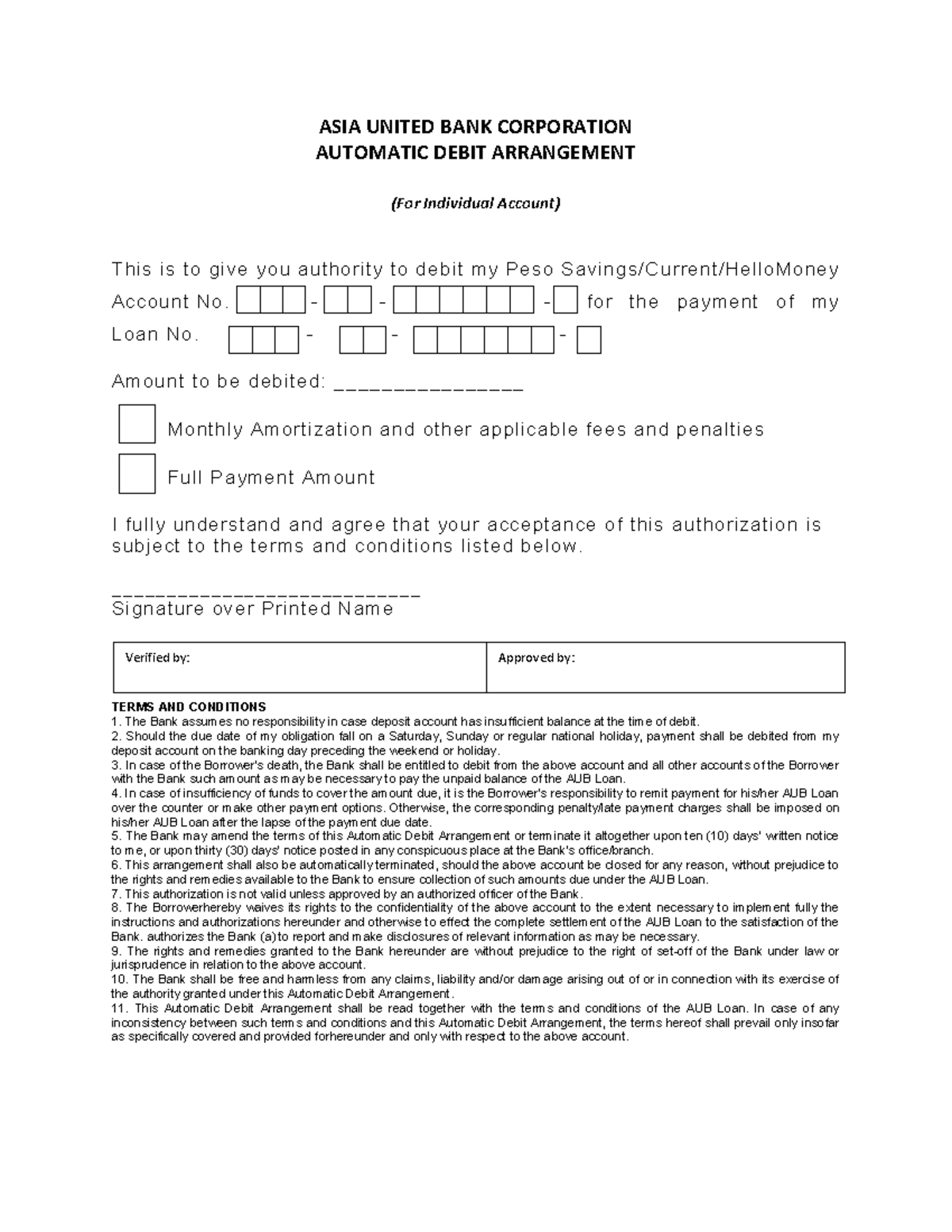 Authority to Debit - New - ASIA UNITED BANK CORPORATION AUTOMATIC DEBIT ...
